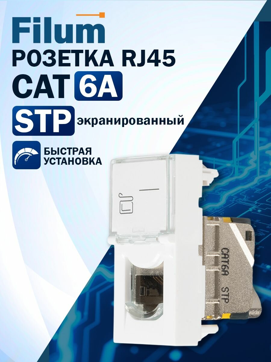 Компьютерная розетка Filum FL-FP114-C6A RJ45, FTP, CAT6A, 45х22,5 мм (mosaic), toolles, белая