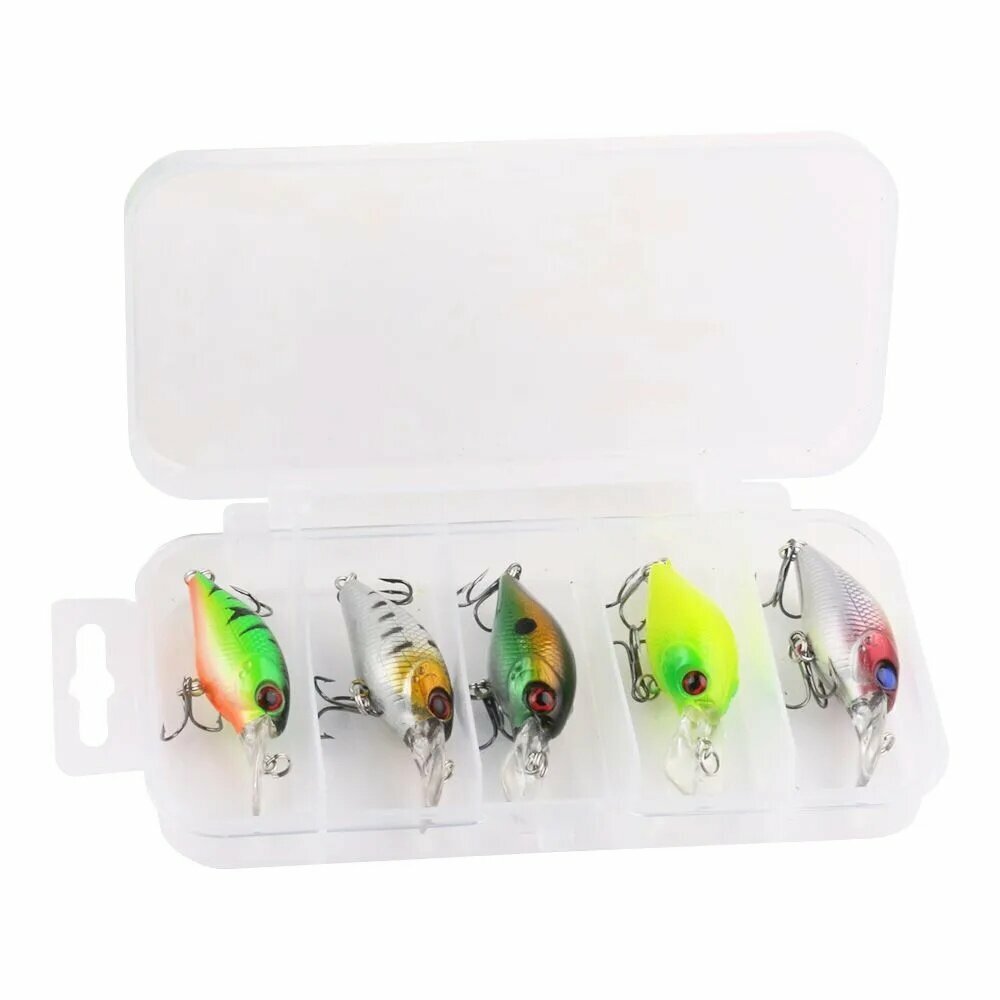 1/box Кренки для рыбалки на щуку, форель и окуня, набор крэнк воблеров 5шт в кейсе; 4.2гр, 5см