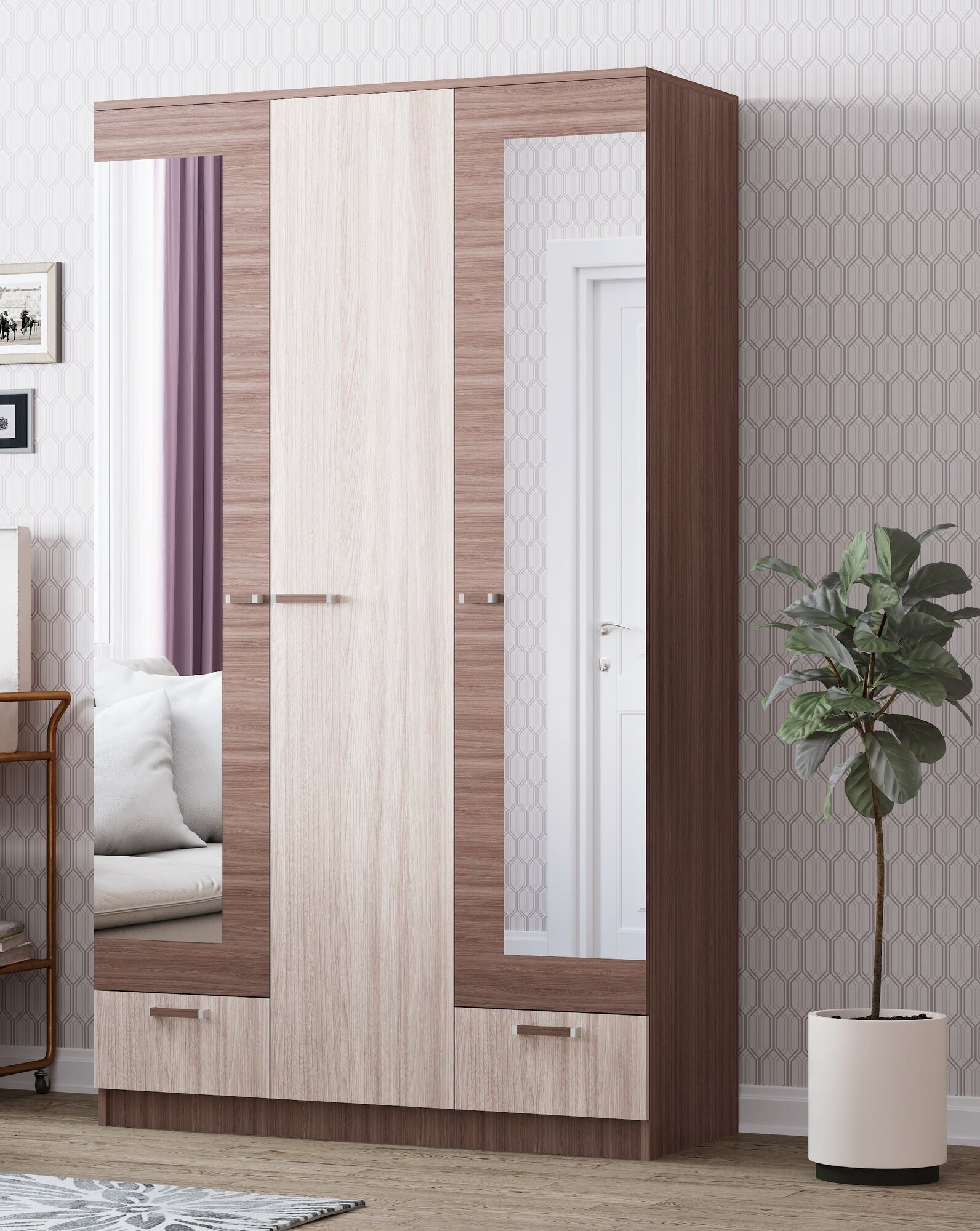 Шкаф 3х створчатый поки/штанга Эра Адель зеркалом и выдвижными ящиками (120х47х210см), Ясень шимо темный/светлый