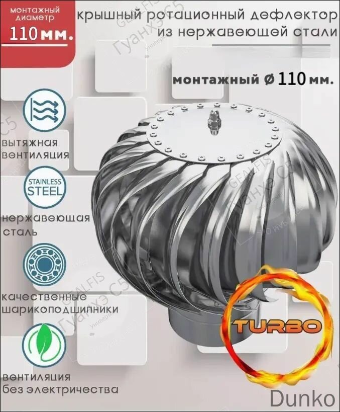 Дефлектор 110 мм для вентиляции, турбо-дефлектор нержавеющая сталь, на трубу 110 мм