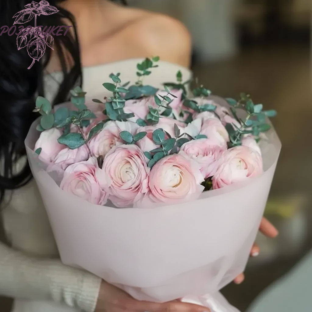 Букет цветов, розовые ранункулюсы 25 шт с эвкалиптом, красивый букет цветов, шикарный, премиум букет, долгий букет