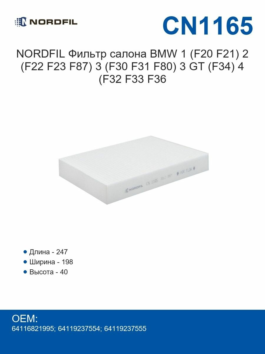 NORDFIL Фильтр салона BMW 1 (F20 F21) 2 (F22 F23 F87) 3 (F30 F31 F80) 3 GT (F34) 4 (F32 F33 F36