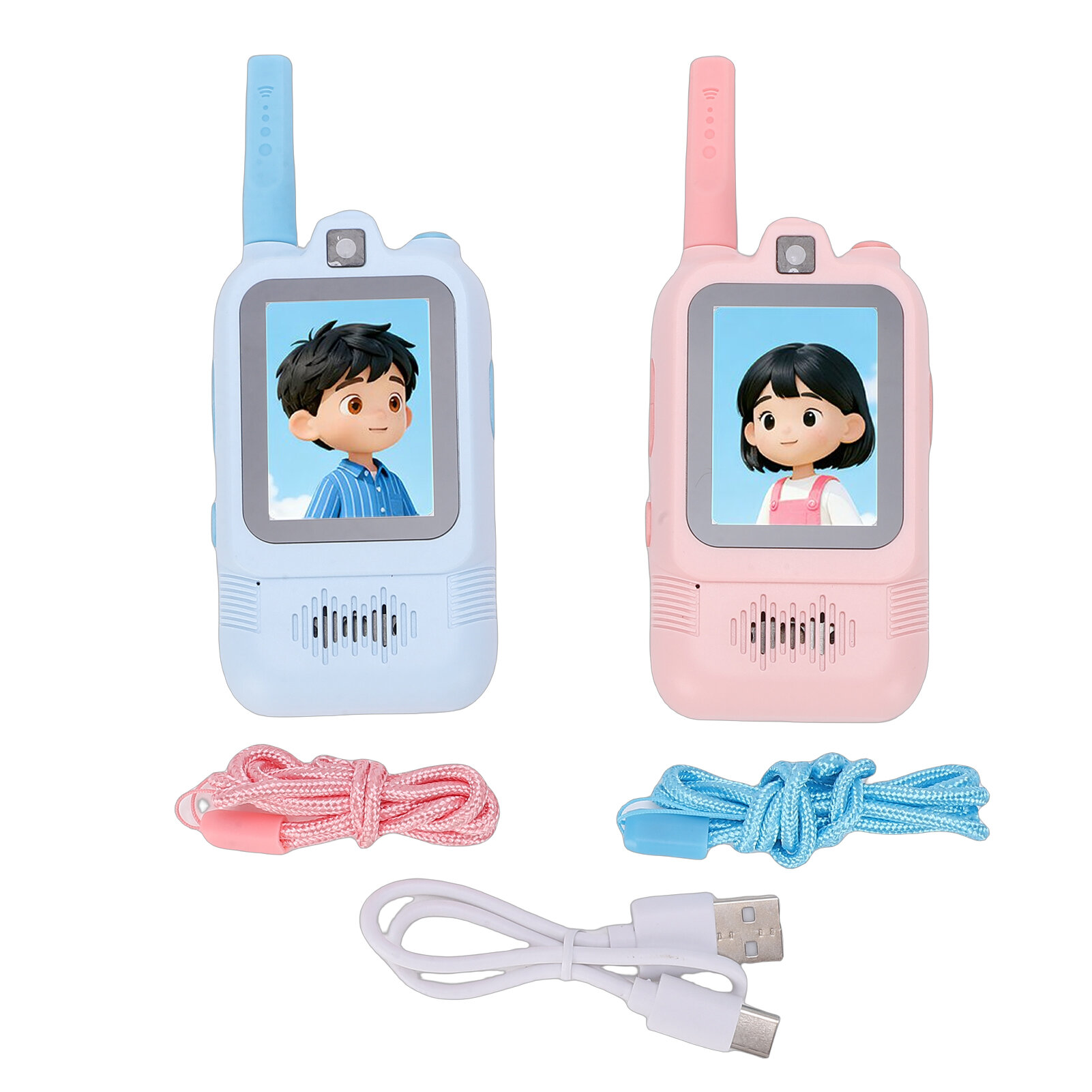 Комплект из 2 детских видеодомофонов с перезаряжаемой батареей, функцией дальней связи, двумя камерами и функцией изменения голоса для использования в помещении и на открытом воздухе, в походах и кемпинге.