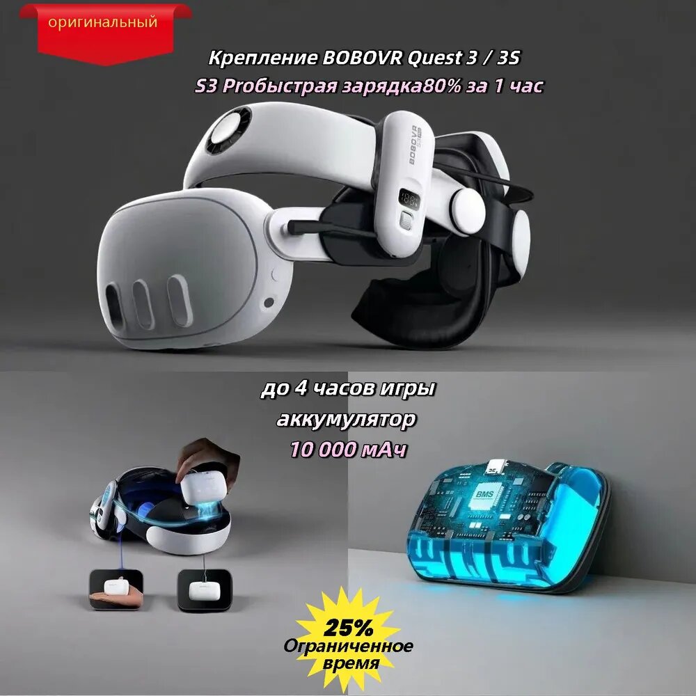 Bobovr S3 Pro 10000 мАч для Meta Quest 3/Quest 3S с кондиционером для головы VR