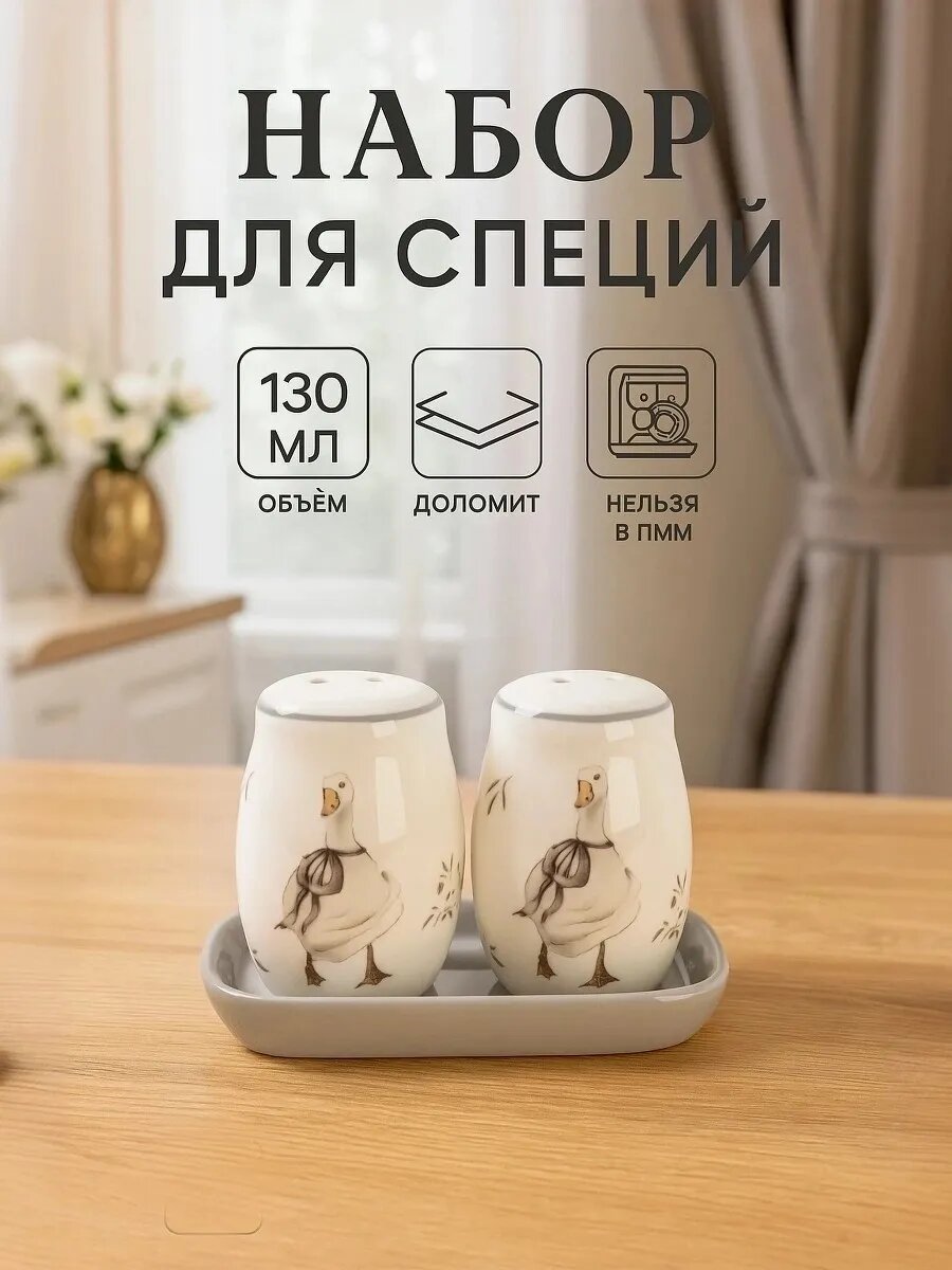 Набор для специй Доляна «Гуси», 2 предмета: солонка, перечница 130 мл, доломит, белый