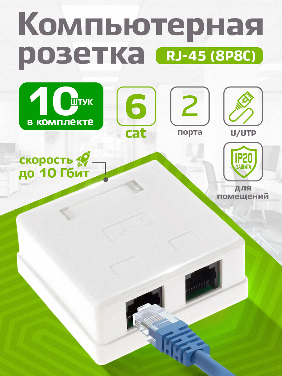 RETIC Компьютерная розетка на 2 порта RJ-45, 8p8c, cat. 6, на плате 10 шт