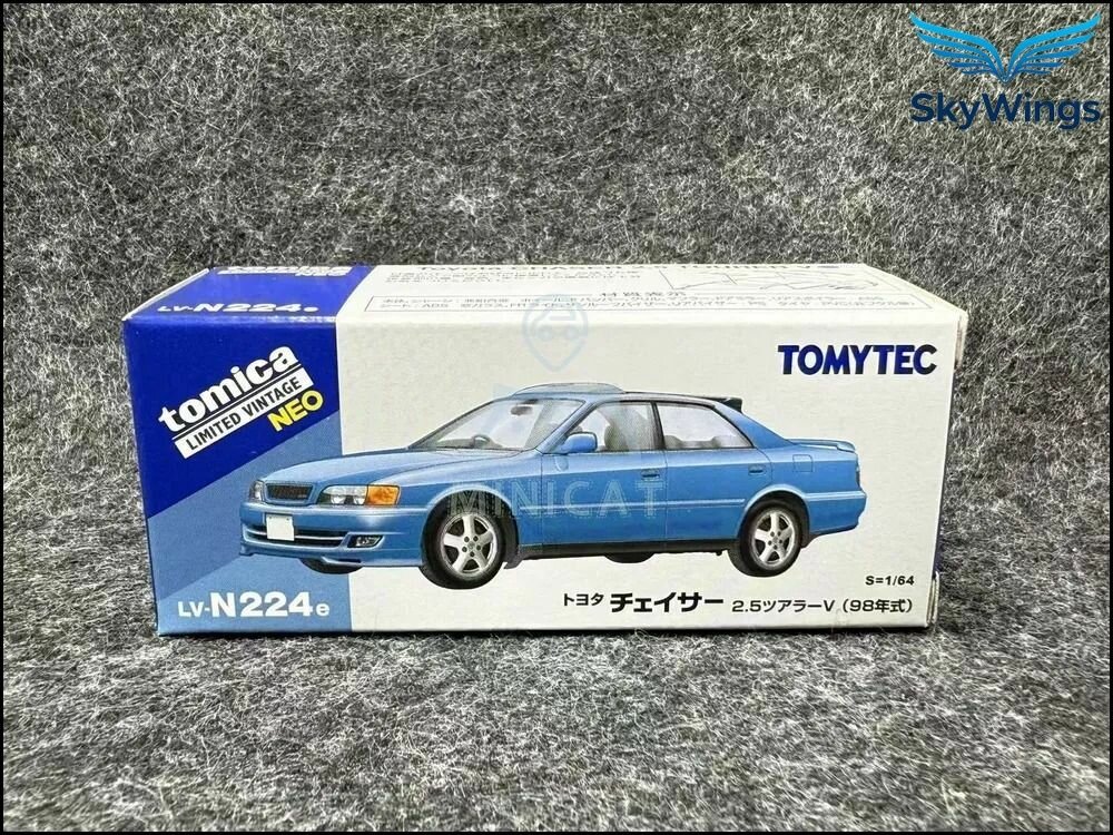 Эксклюзивная коллекционная модель TLV LVN224e, Toyota Chaser 2.5V 1998 года в синем цвете, масштаб 1:64, выполнена из сплава