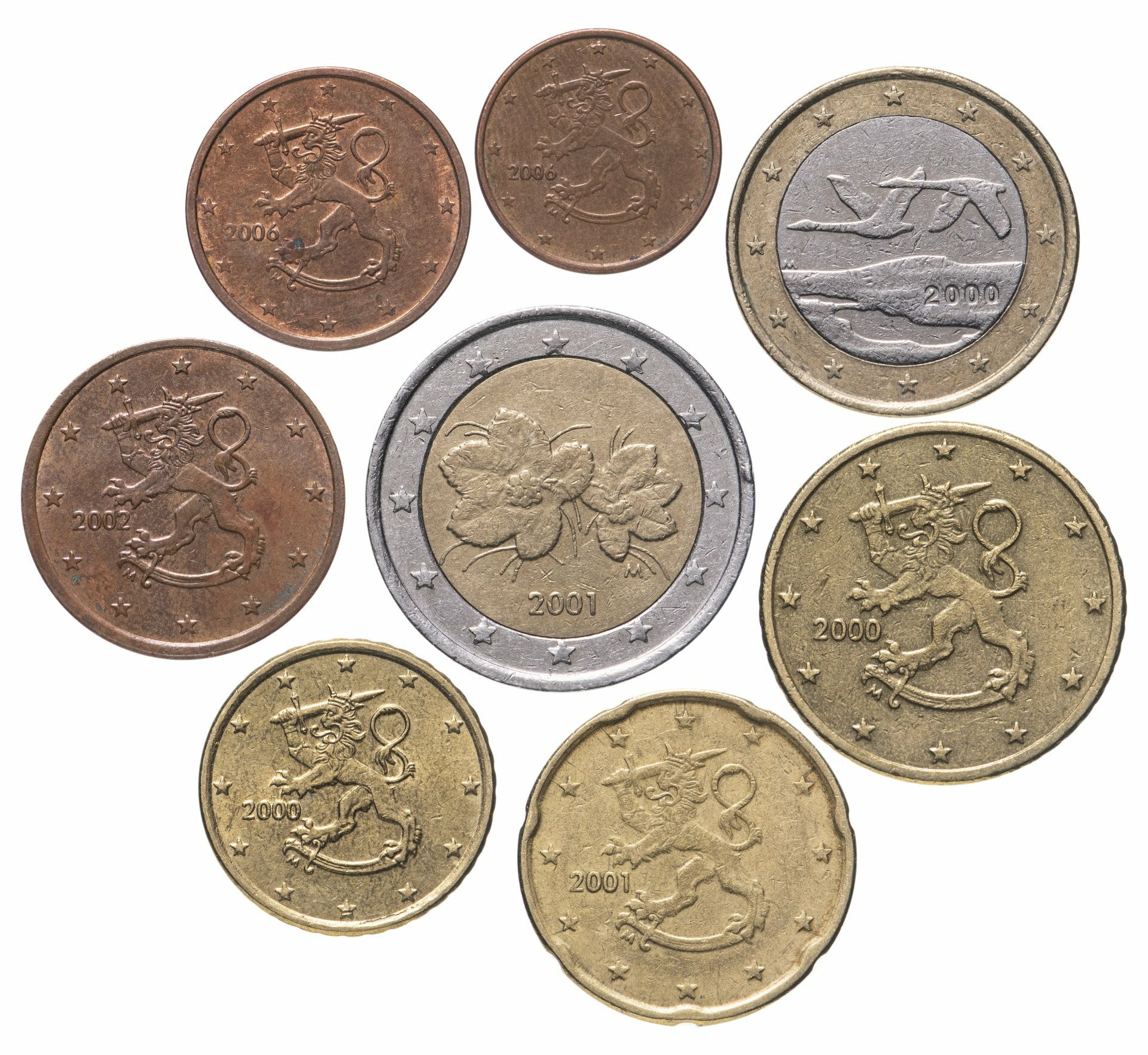 Финляндия полный годовой набор евро для обращения 2000-2006 8 штук, Биметалл, в сохранности VF-XF