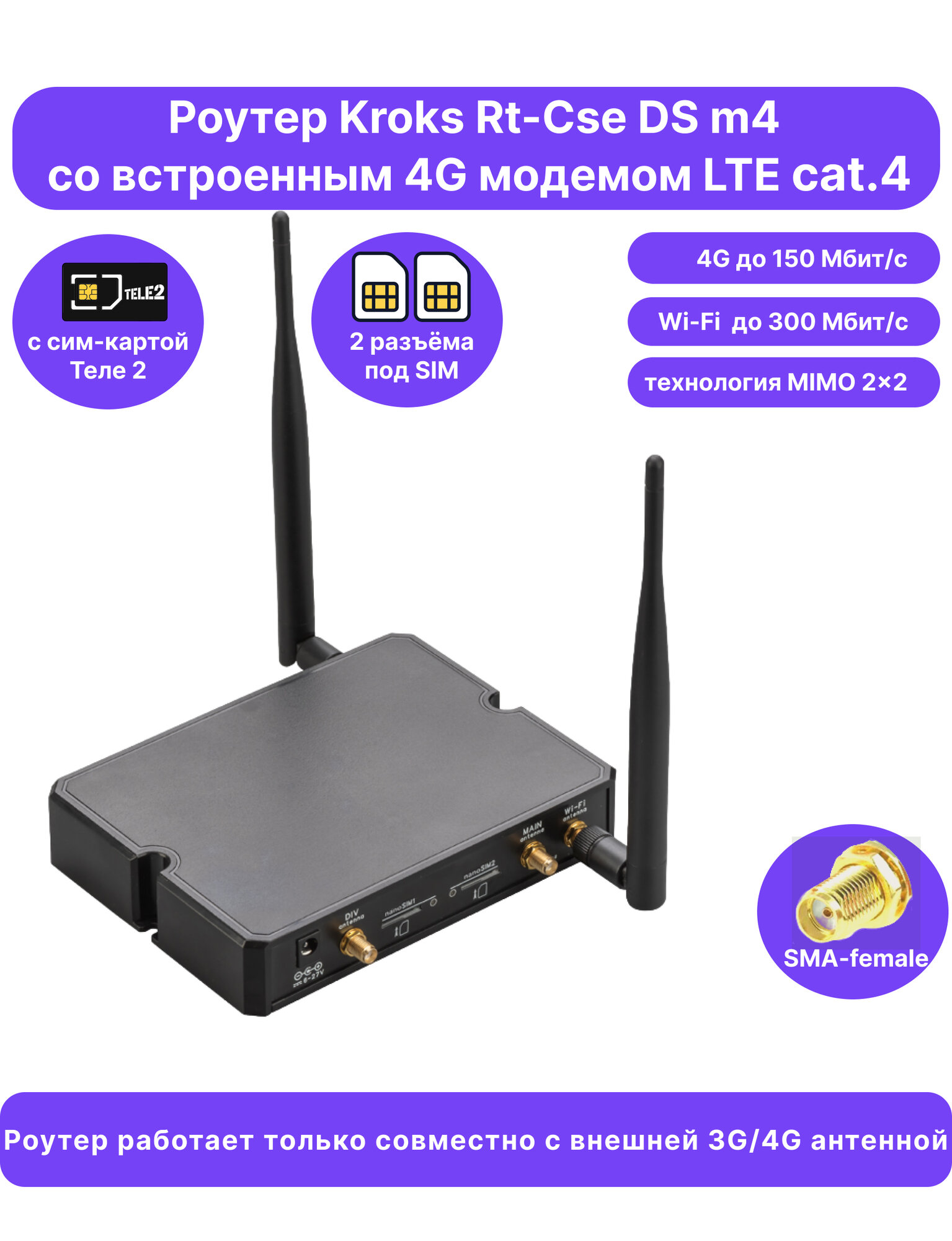 Роутер со встроенным 4G модемом LTE cat.4, две SIM-карты, KROKS Rt-Cse DS m4 (SMA-female) Т2