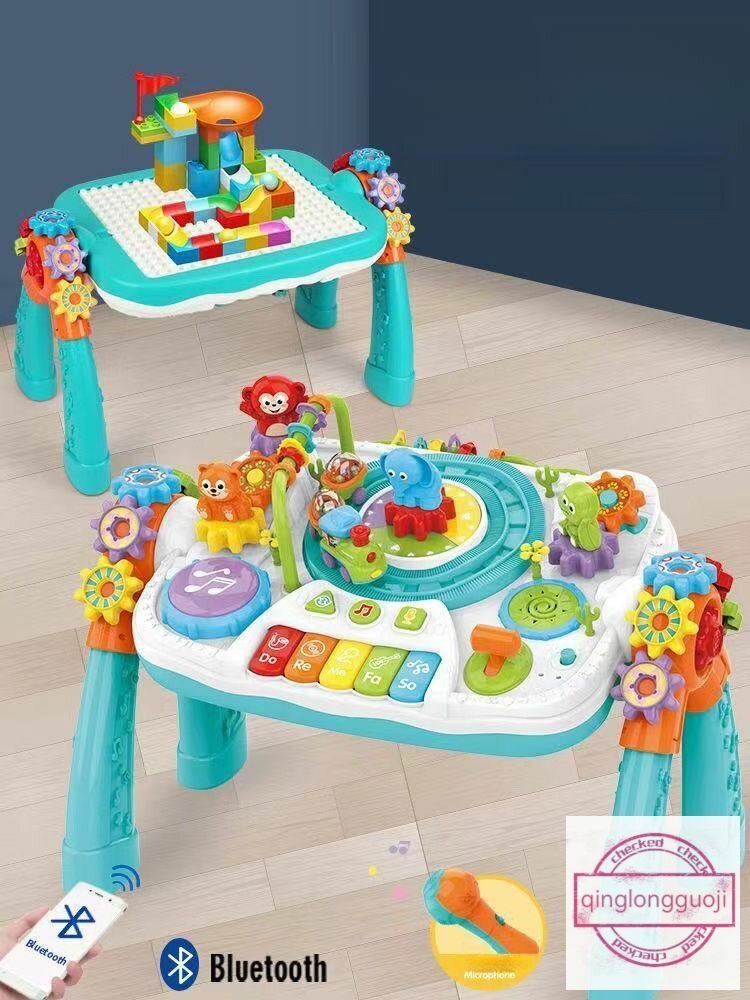 Детский развивающий музыкальный столик для детей с пианино, барабаном, паровозом, бизиборд с Bluetooth, конструктор