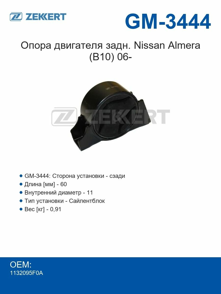 Zekkert Опора двигателя задняя Nissan Almera (B10) с 2006 года