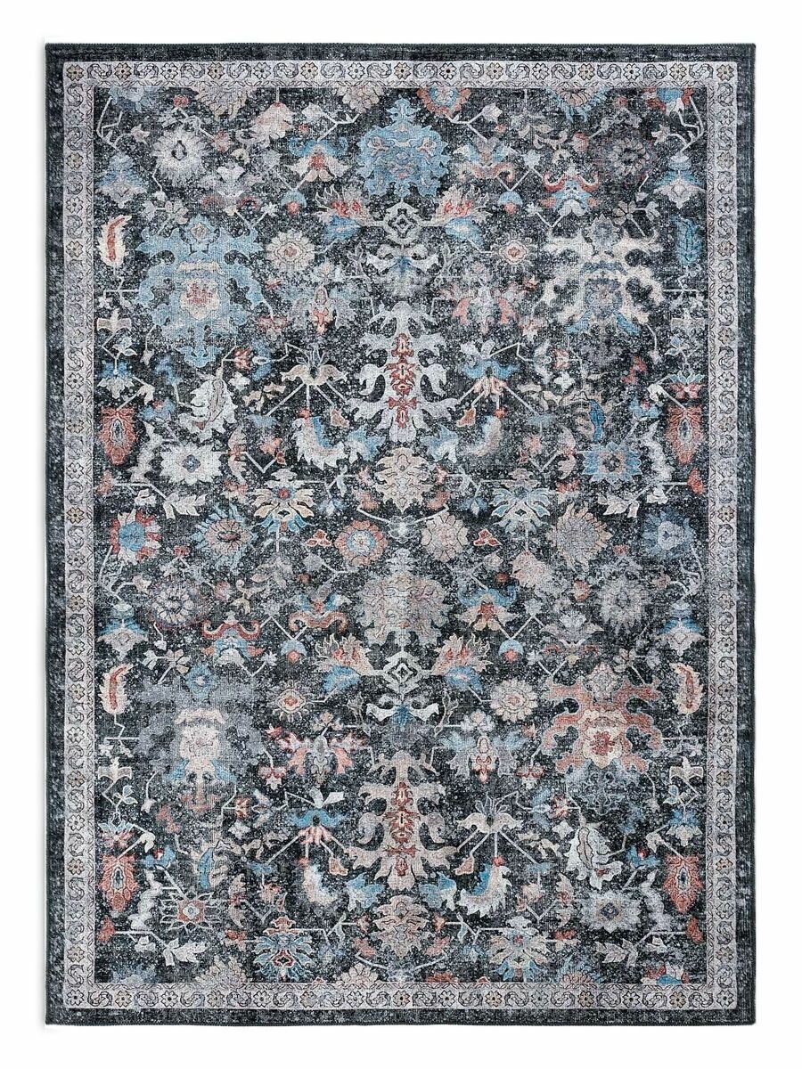 Ковер Cool Hali Private 61-056 винтажный 115x160 см Королевский антрацит (черный, голубой, терракотовый), с цветочным рисунком