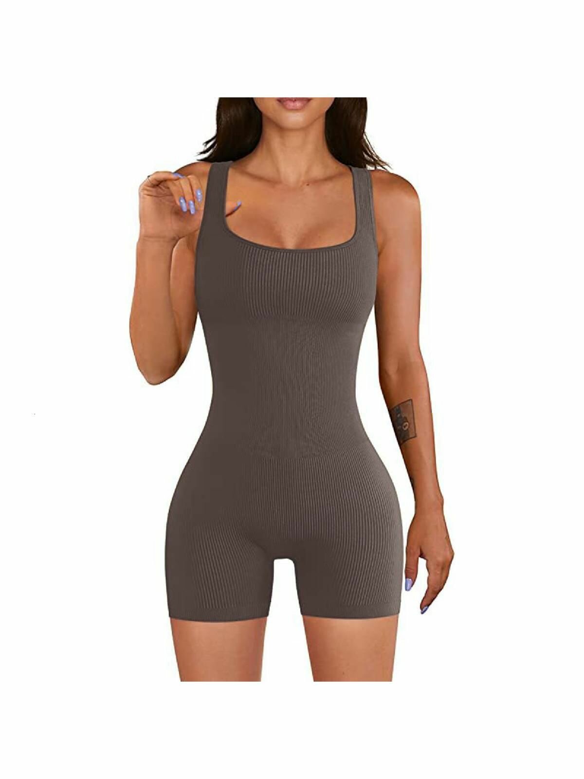 Женский черный обтягивающий боди для йоги с квадратным вырезом, Светло - коричневый - L