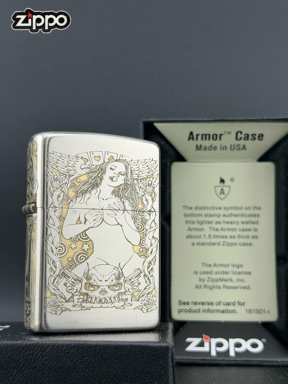 Бензиновая Зажигалка Zippo Armor Tattoo Style с гравировкой, глубокая, не заправлена