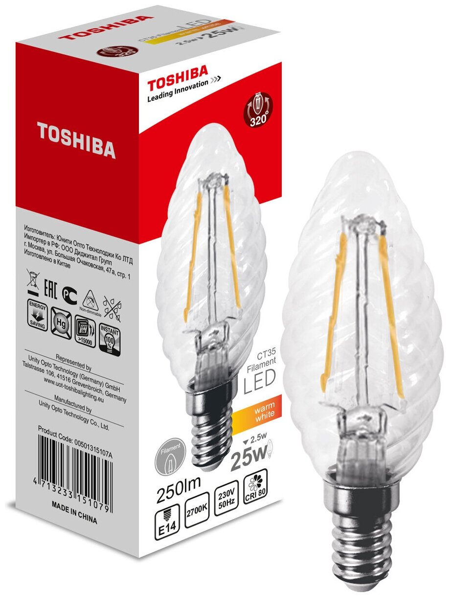 Лампочка Винтаж Toshiba Лампа филаментная "Toshiba", теплый свет, цоколь E14, 2,5W, 2700K. 00501315107А, Теплый белый свет, E14, 2,5 Вт, Светодиодная Toshiba (цена за 10ШТ)