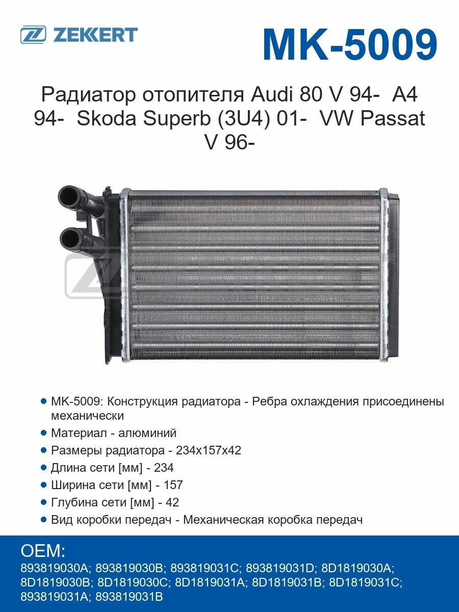 Zekkert Радиатор отопителя Audi 80 V с 1994 года A4 с 1994 года Skoda Superb (3U4) с 2001 года VW Passat V с 1996 года