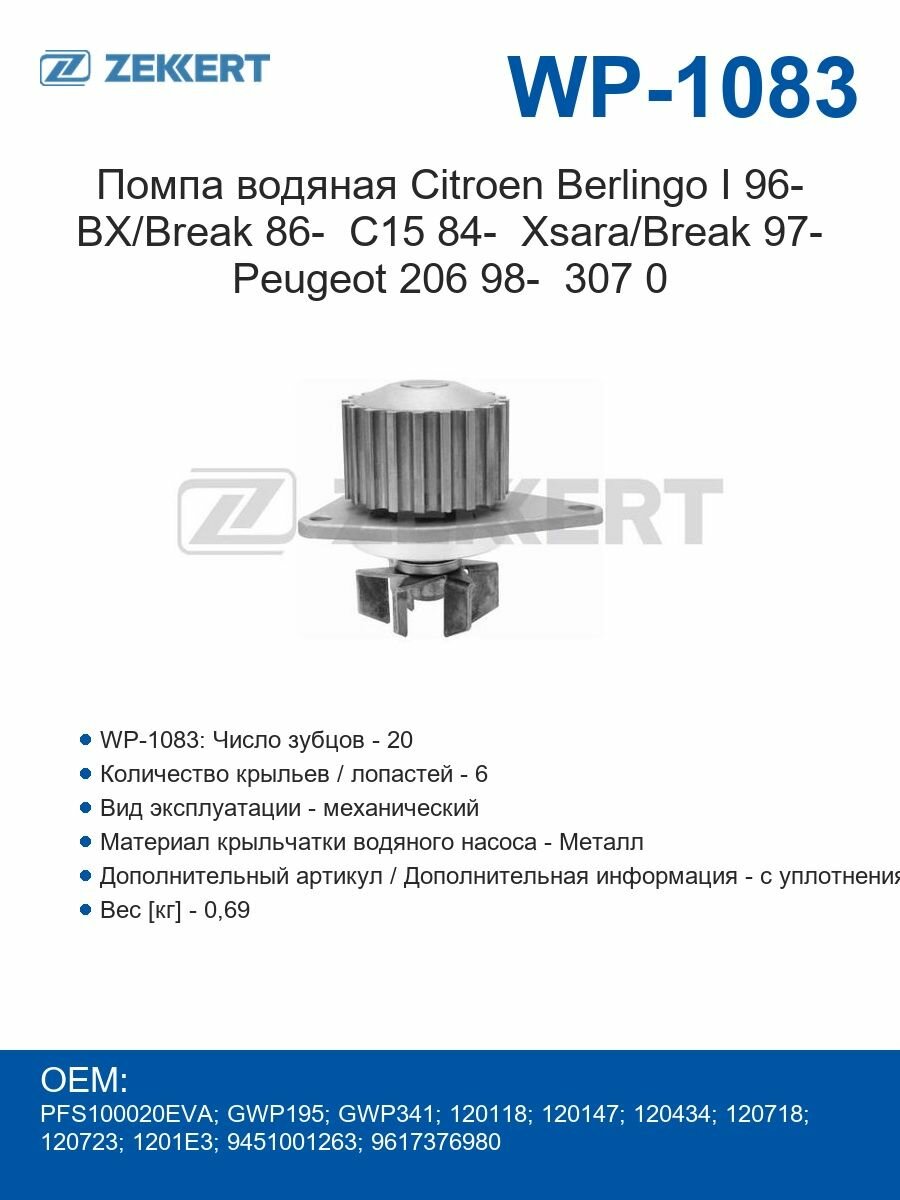 Zekkert Помпа водяная Citroen Berlingo I 96- BX/Break 86- C15 84- Xsara/Break 97- Peugeot 206 98- 307 0
