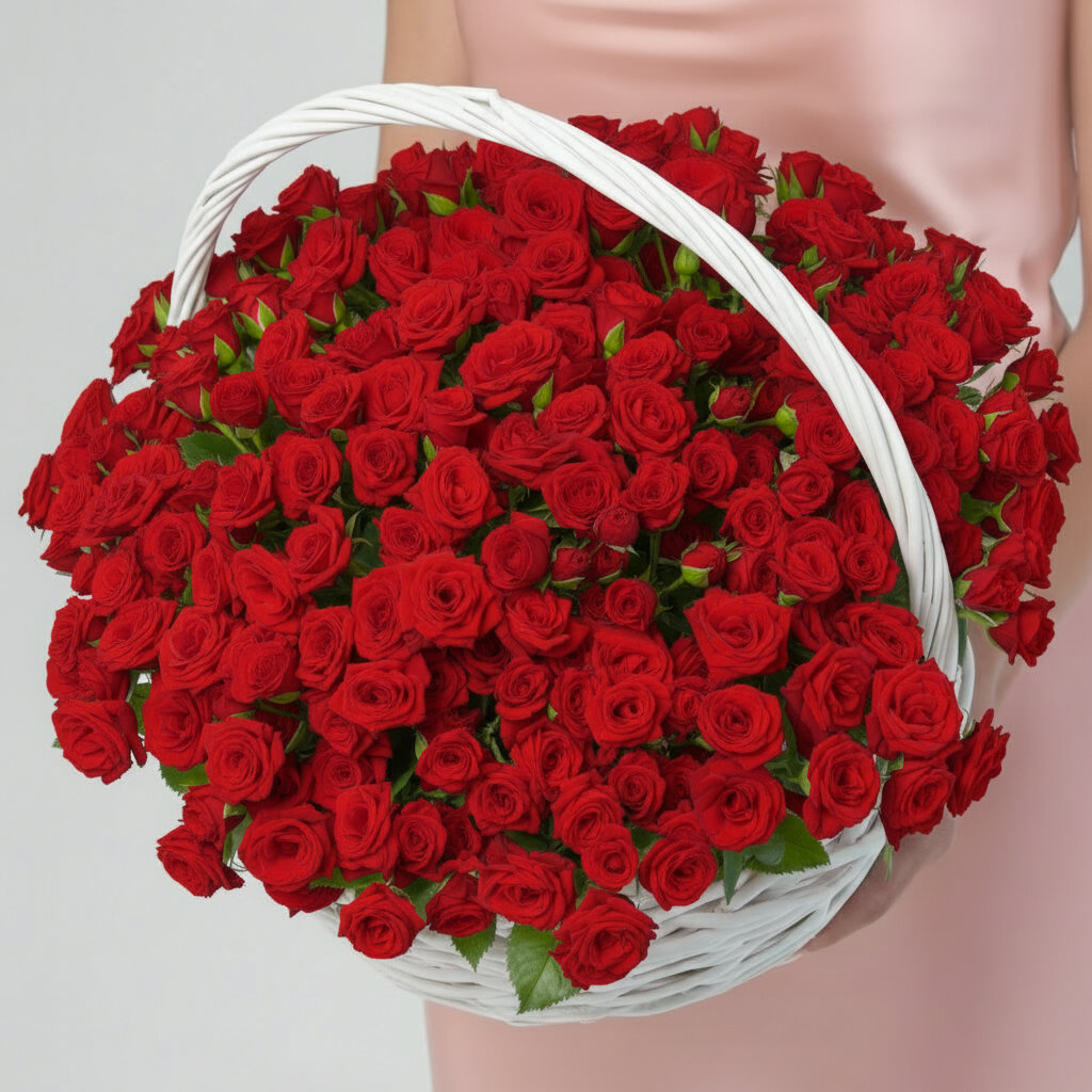 Букет Мегацвет24 "Черри Хеопс", 51 красная кустовая роза, сборка в корзине