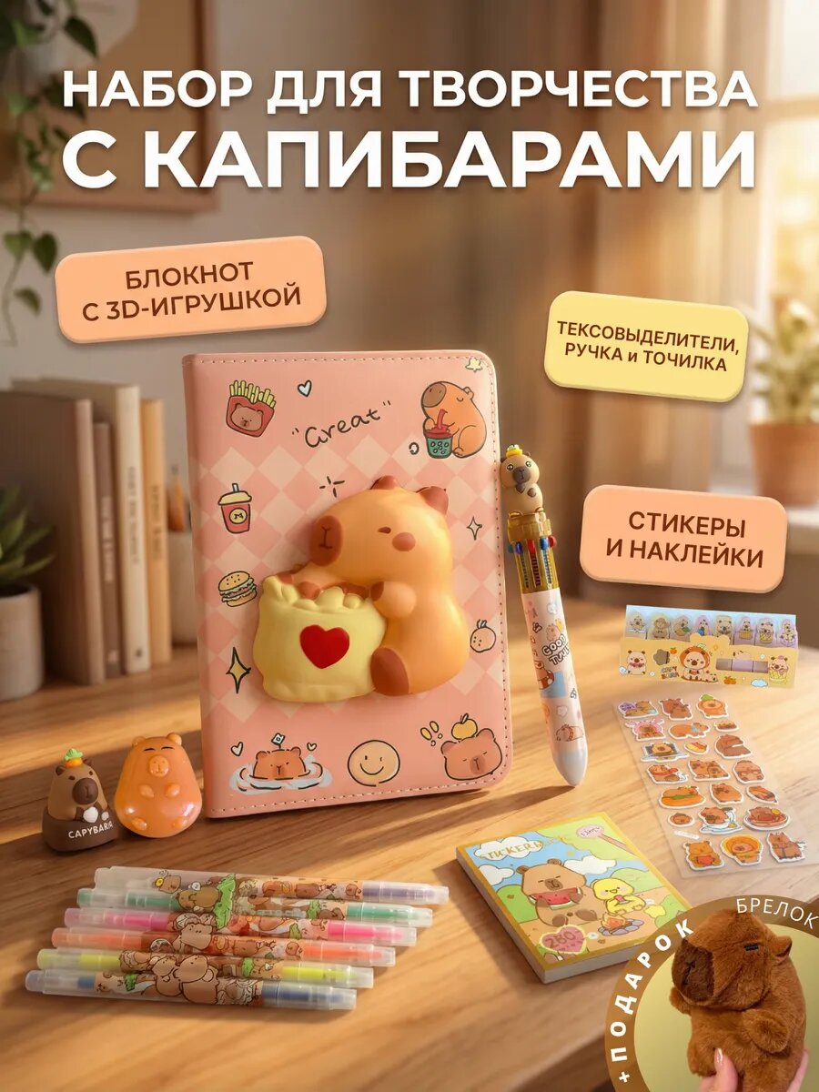 Блокнот Капибара с набором канцелярии