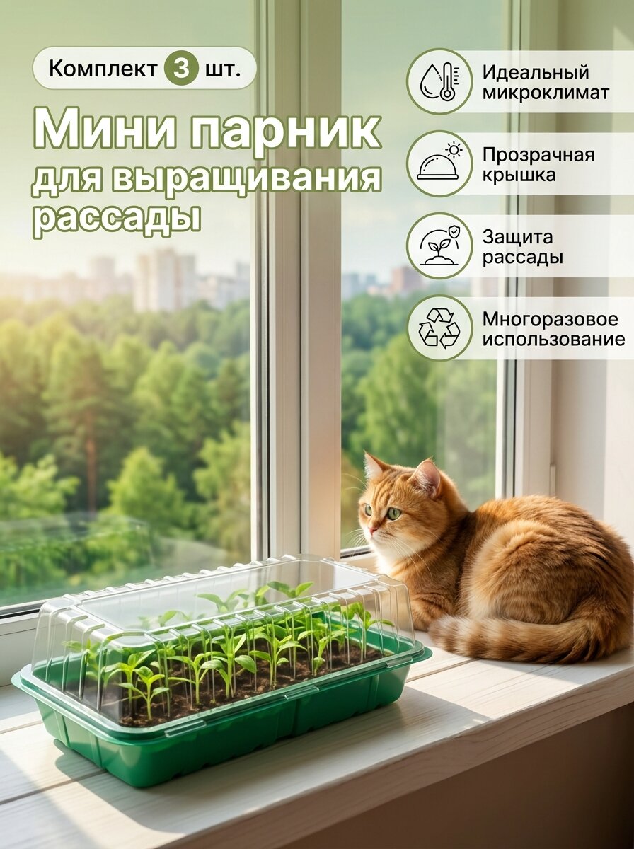 Мини парник для выращивания рассады х 3 шт, размер 43,5х21,5х8 см для 3-х вставок кассет / мини теплица домашняя