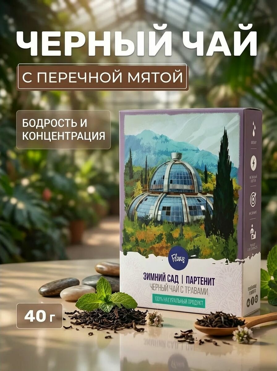 Черный чай с перечной мятой Зимний сад (Партенит) мягкий купаж с ментоловой свежестью, 40 г