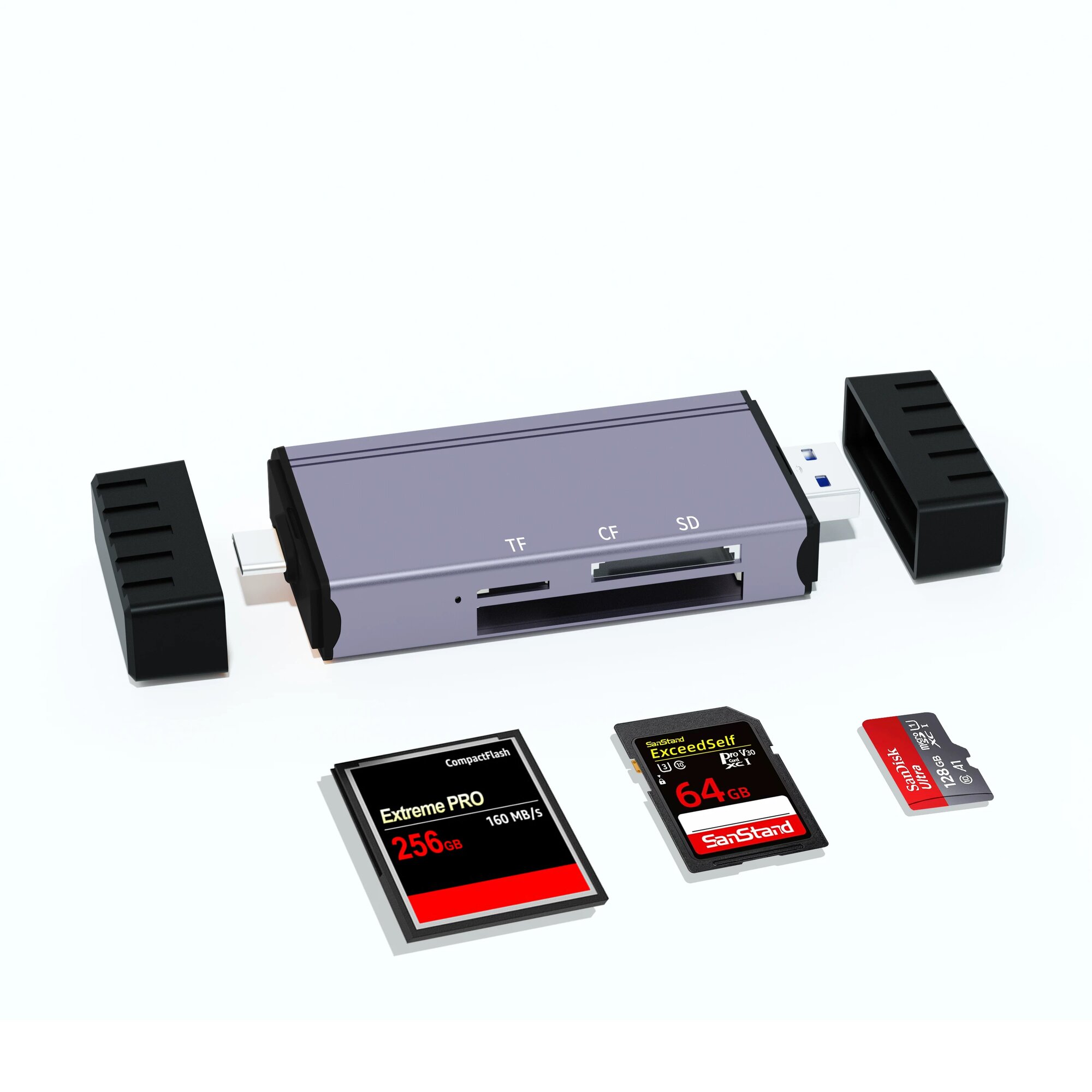 Стандартная скорость металлический карт-ридер USB 3.0 и Type-C для CF, SD, TF карт