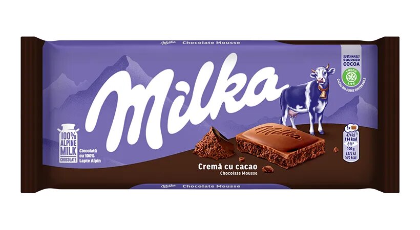 Шоколадная плитка Milka Crema cu cacao, молочный шоколад с какао-кремом, 2шт. по 90 г