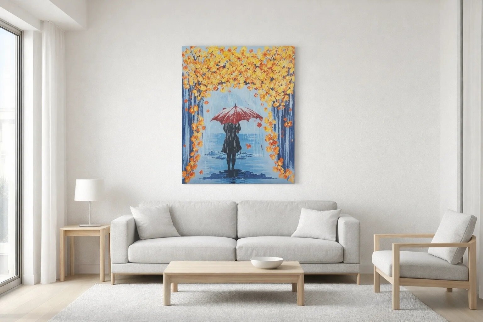 Картина "Девушка под зонтом. Осень." 25x35 см, акрил, ручная работа