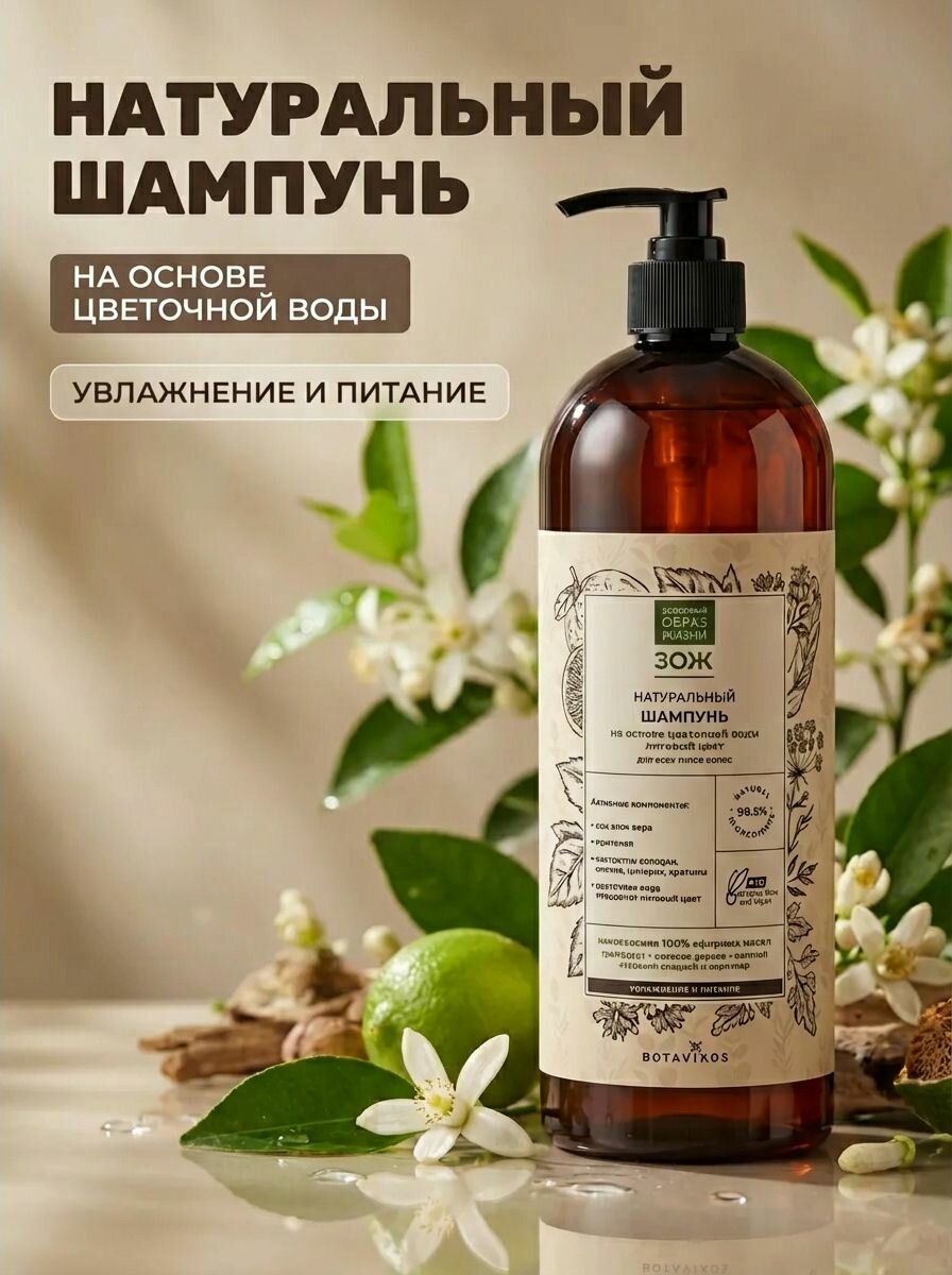 Натуральный шампунь для всех типов волос с липовой водой Увлажнение и питание ЗОЖ, 1000 мл