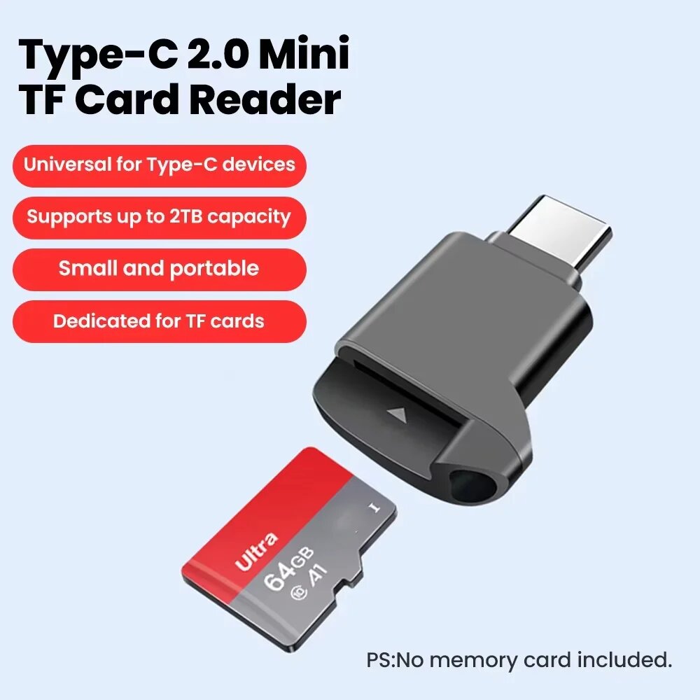 Мини-кардридер TF Type-C 2.0, внешний накопитель, черный, для карт памяти USB-C 2.0, для iPhone 17, 16, мини-кардридер TF