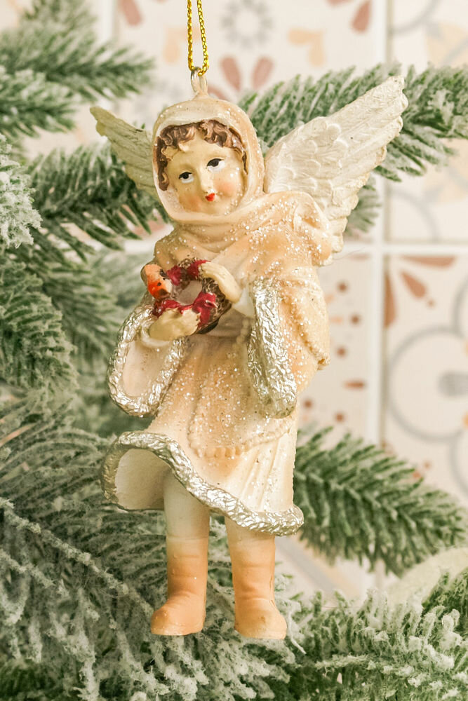 Ёлочная игрушка ребёнок-ангел с венком, полистоун, 11 см, Kaemingk 520650-3