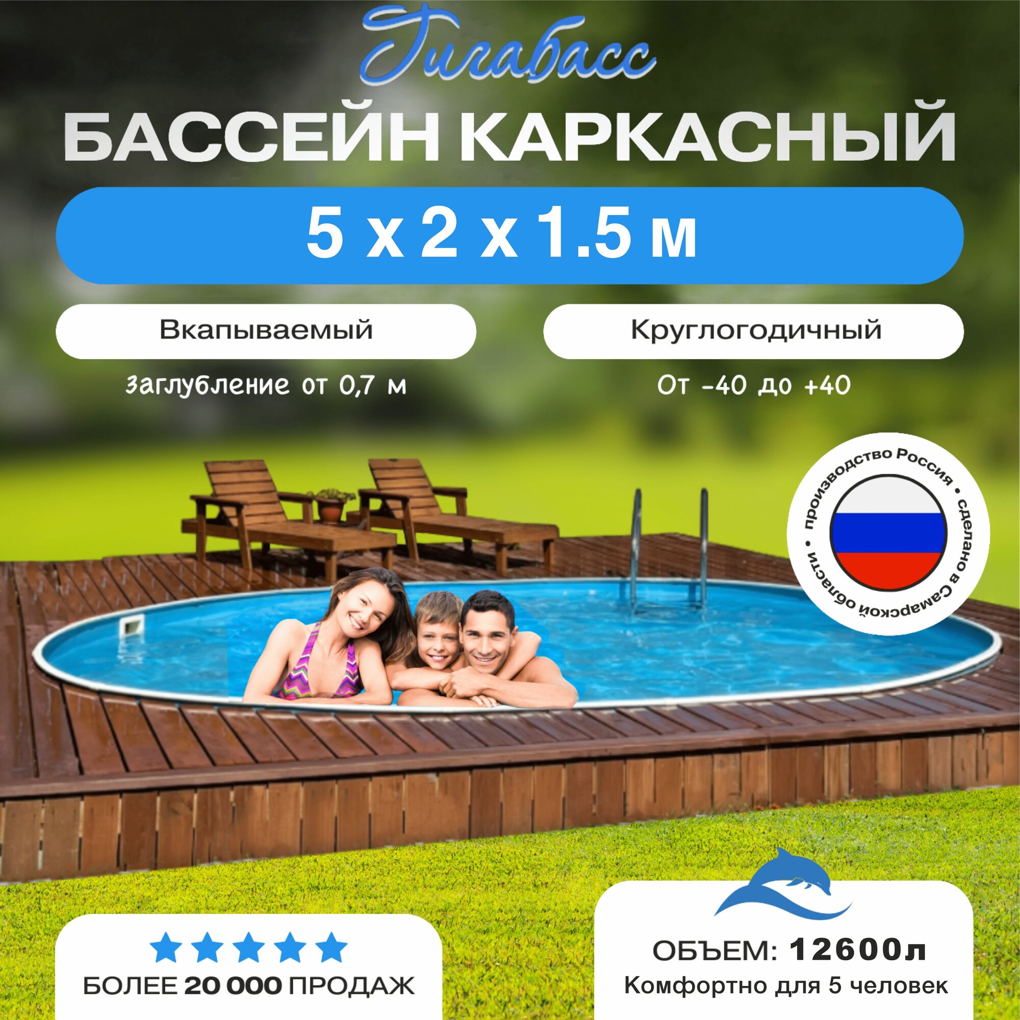 Бассейн гигабасс овальный вкапываемый 5х2х1,5 м каркасный морозоустойчивый (чашковый пакет 0,6 голубой)
