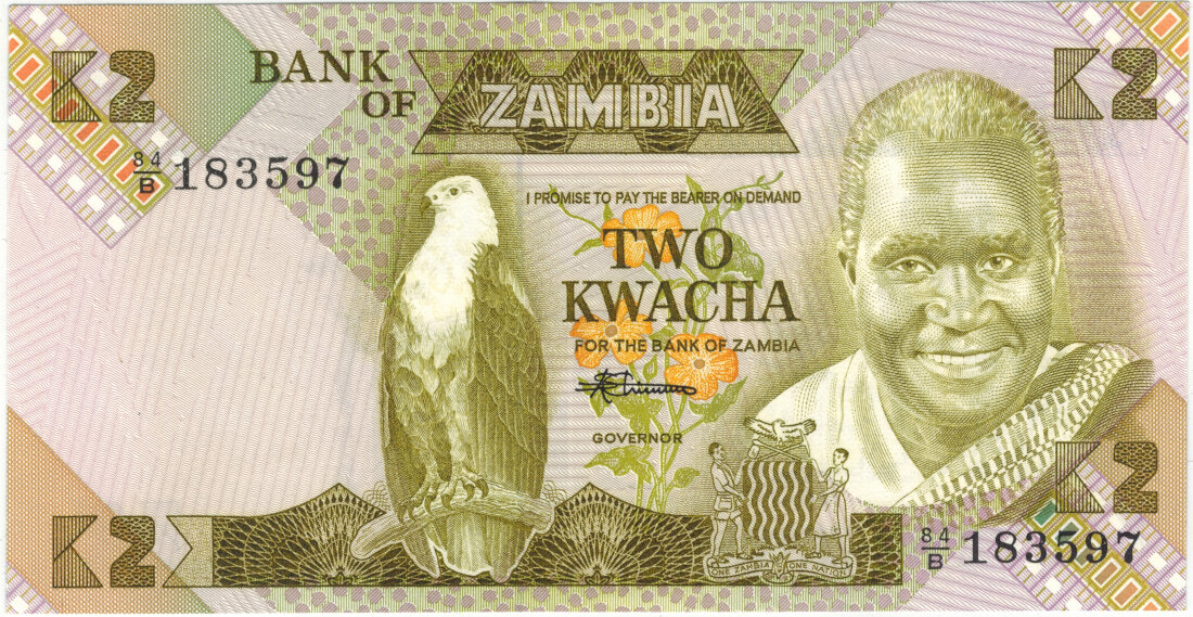 Купюра. Замбия. 2 квача. 1980 год. Пресс. Без оборота.