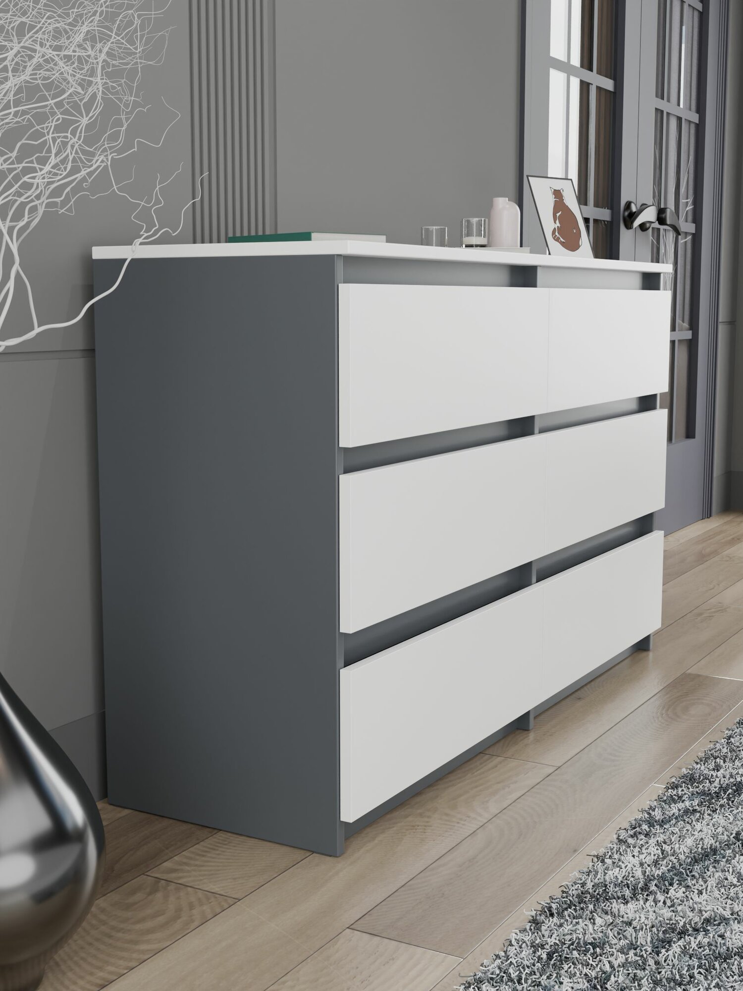 Комод для белья и одежды орлан 6 ящиков, 120х76.4х40 см, графит-белый