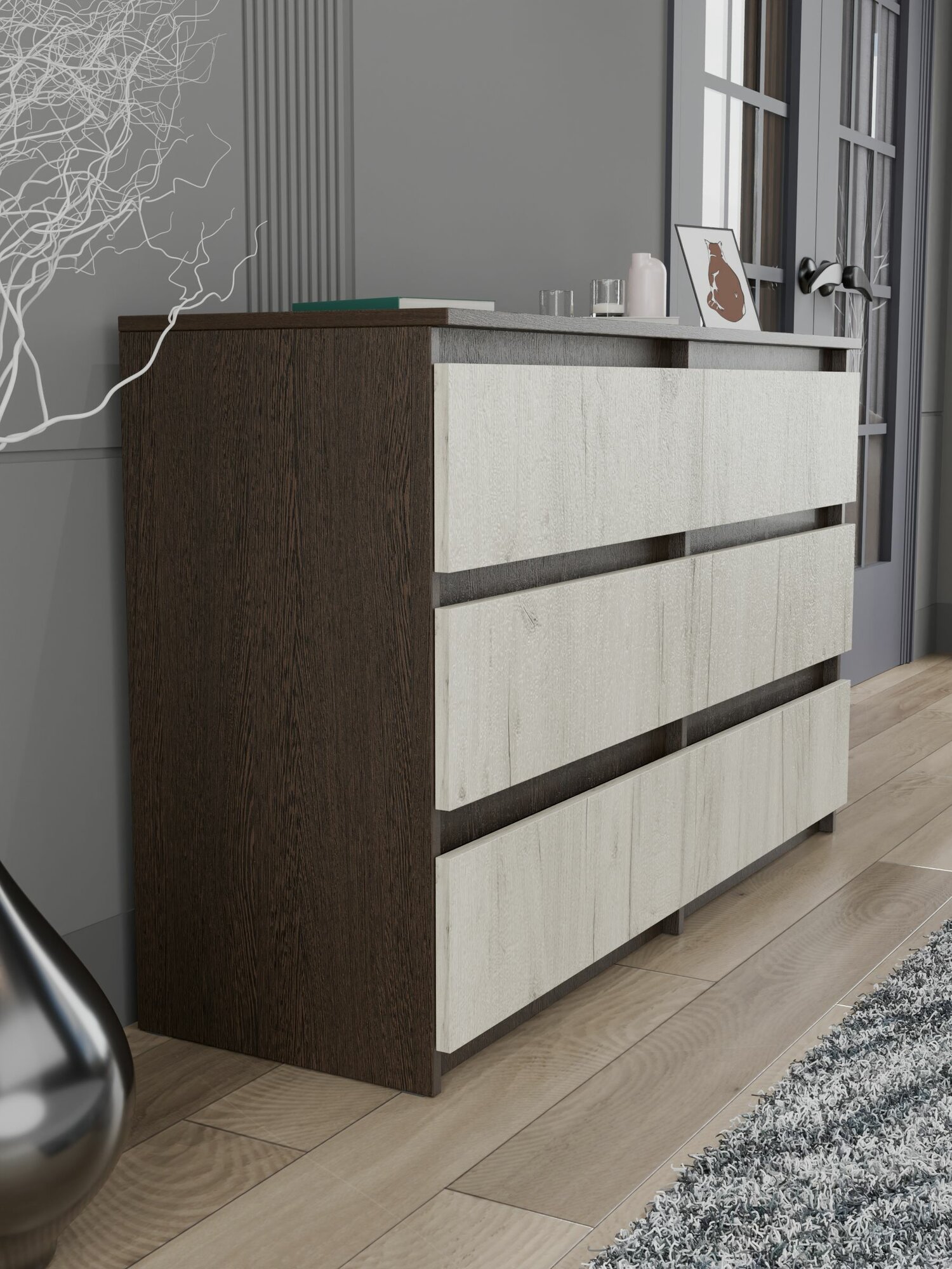 Комод для белья и одежды орлан 6 ящиков, 120х76.4х40 см, венге-дуб крафт белый