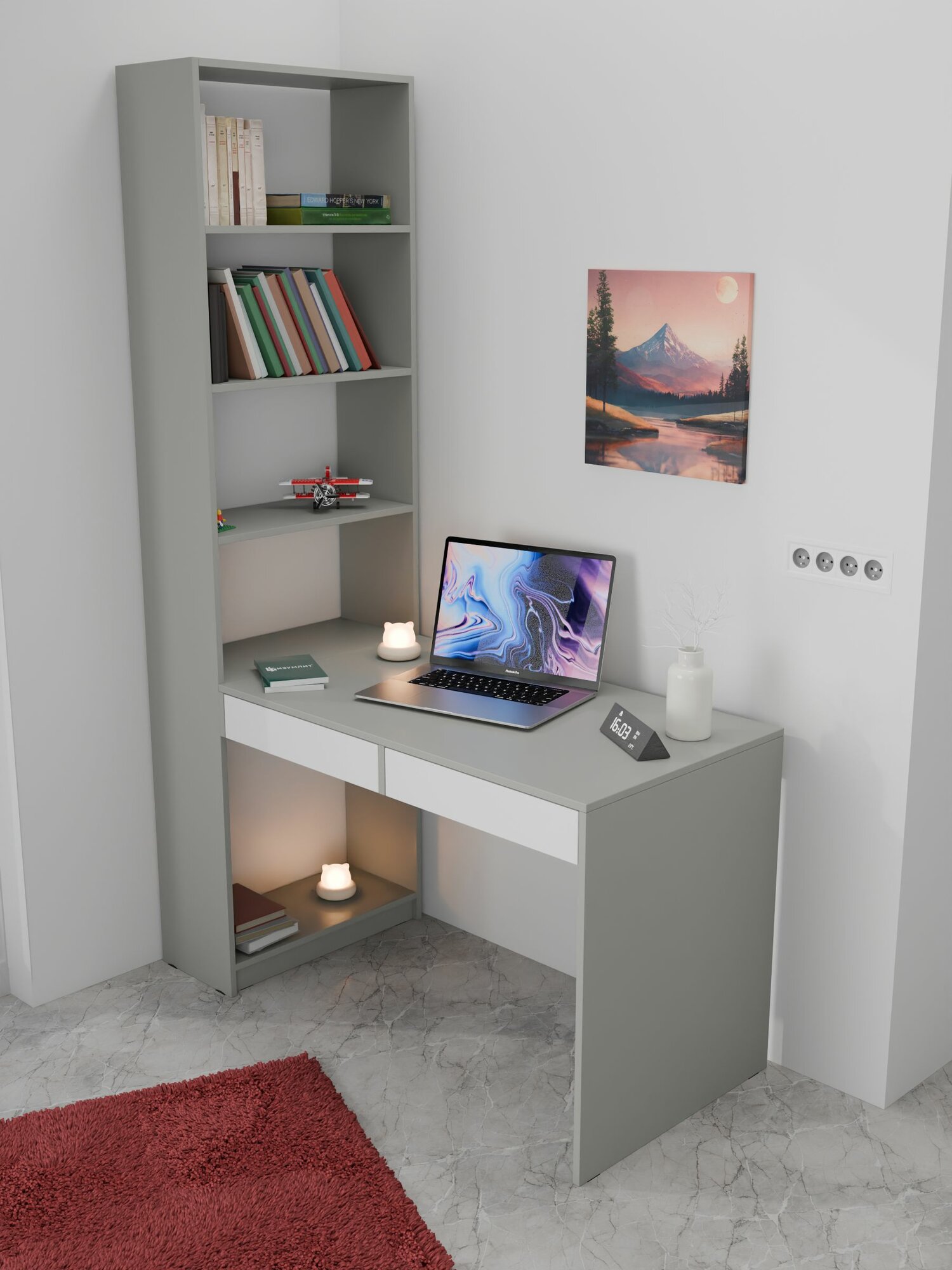 Изумлит Стол-стеллаж письменный угловой, стеллаж слева 200х130х59.2 см, шиншилла серая - белый