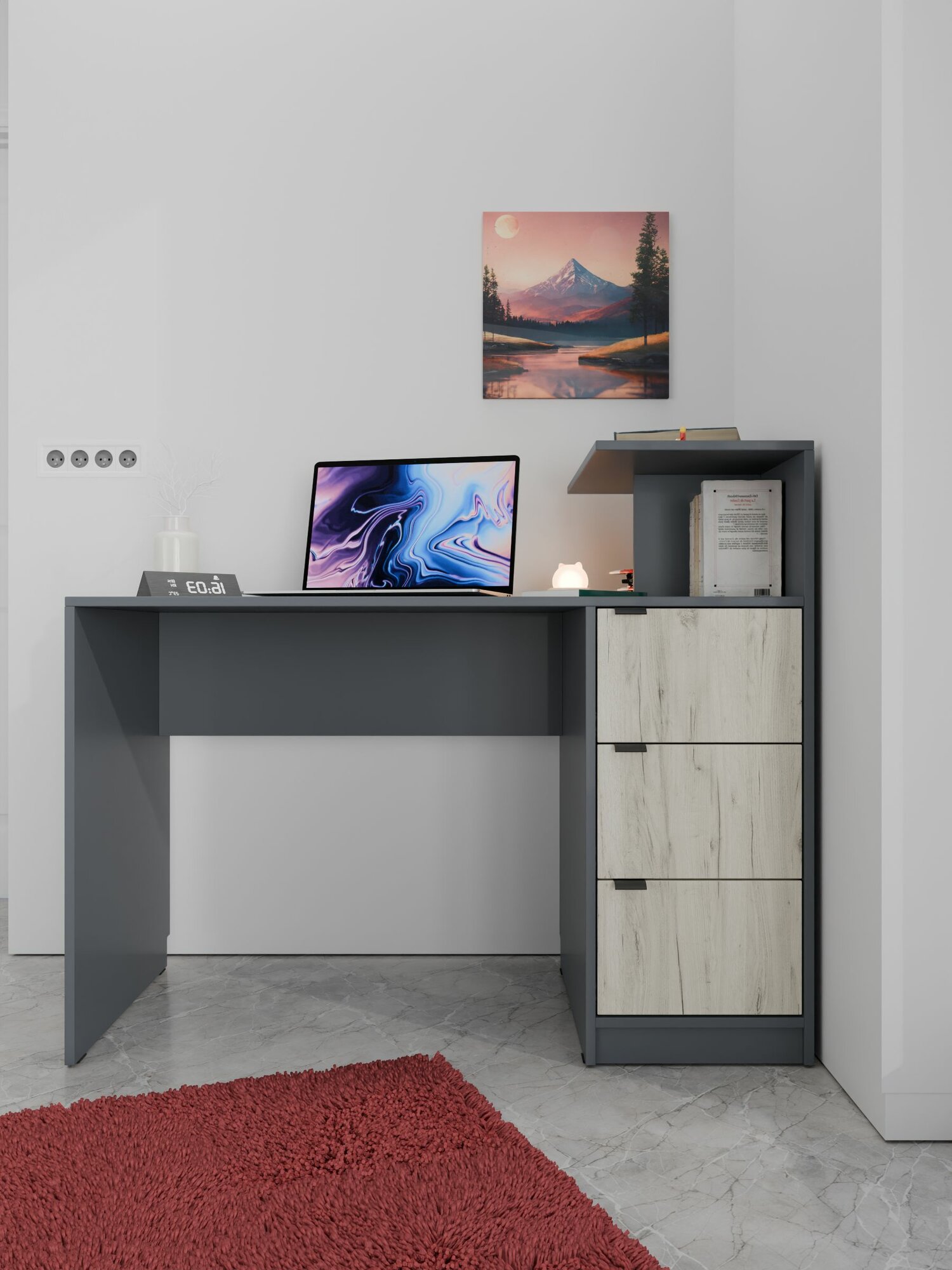 Изумлит Стол письменный с тумбой справа Практик 120х75х60.4 см, графит-дуб крафт белый