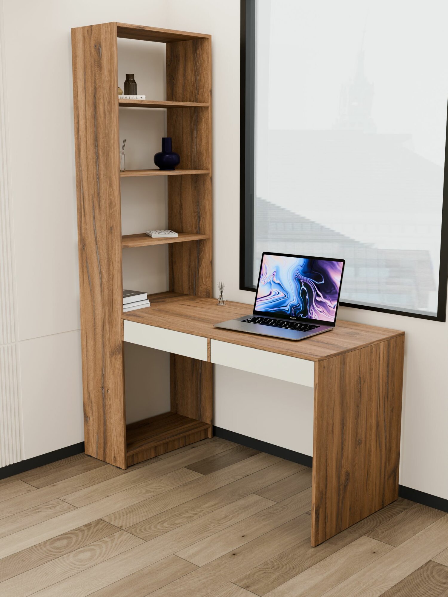 Изумлит Стол-стеллаж письменный угловой для учебы и работы Джокер, стеллаж слева 200х59.2х140 см, дуб крафт табачный-бежевый