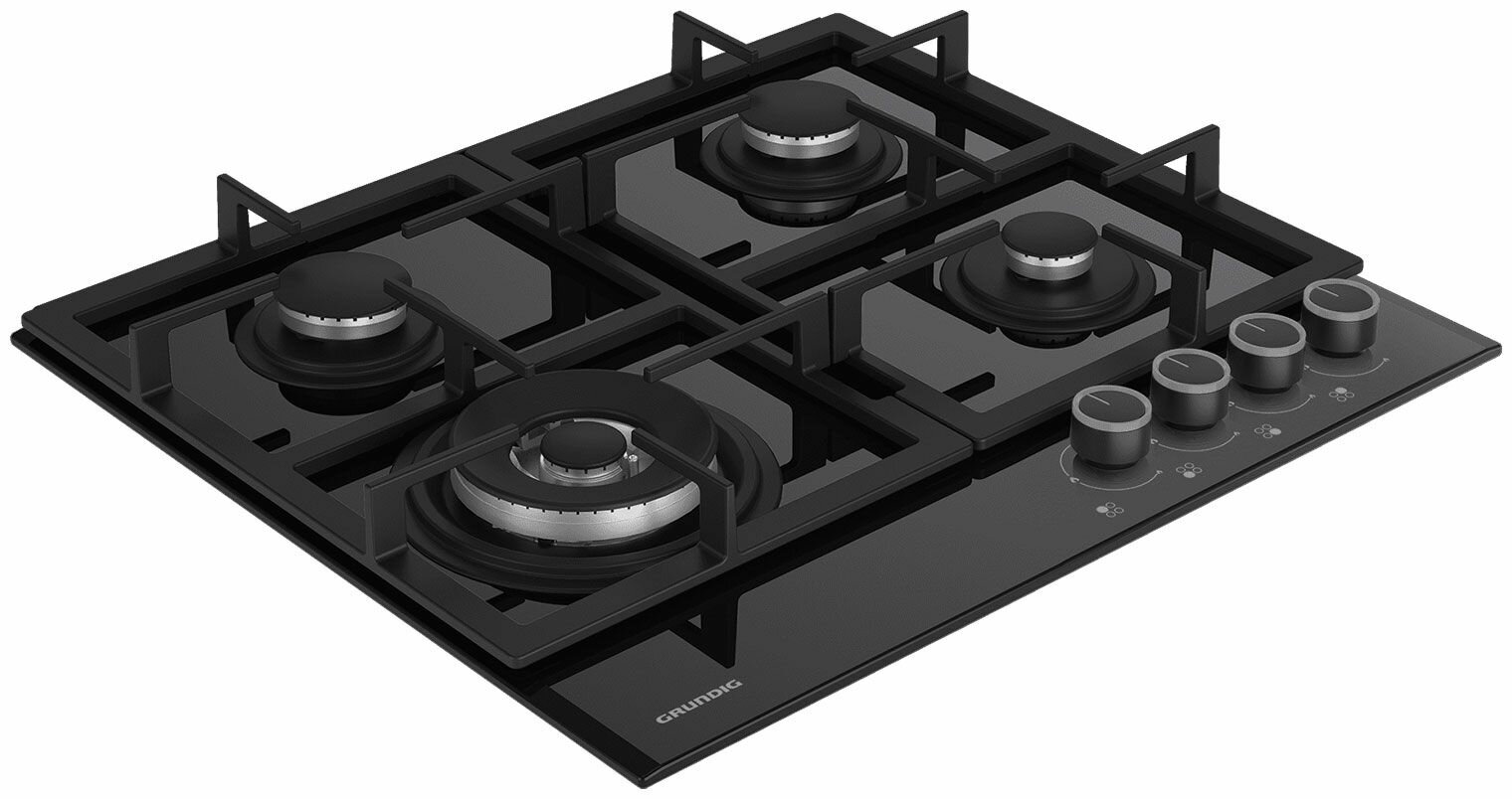 Газовая варочная панель Grundig GIGL 6234250 58 см, 4 конфорки закаленное стекло электроподжиг газконтроль, черный