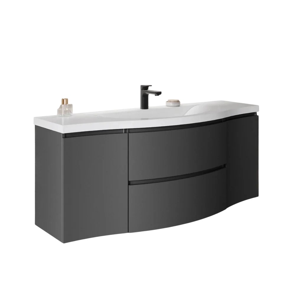 Тумба с раковиной Itana Arko 140 подвесная, 140 см, серая, черная, матовая, из МДФ, с ящиками, с дверками, раковина для ванной, из искусственного камня