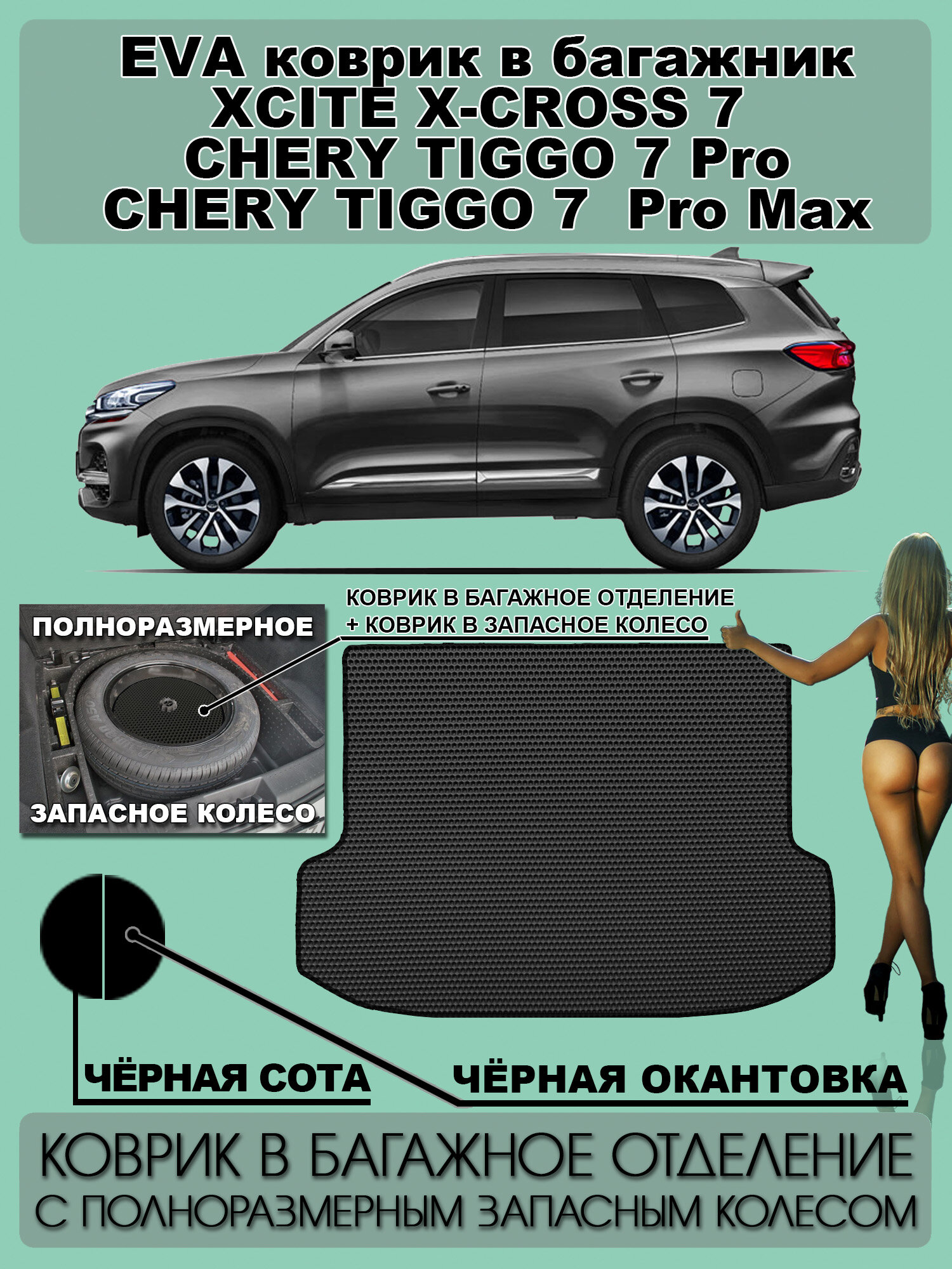 Коврик ЭВА (ЕВА) Chery Tiggo 7 pro I багажник 2020 - (Чери) / цвет Черный c черной окантовкой. Фактура - сота /EVA Smart
