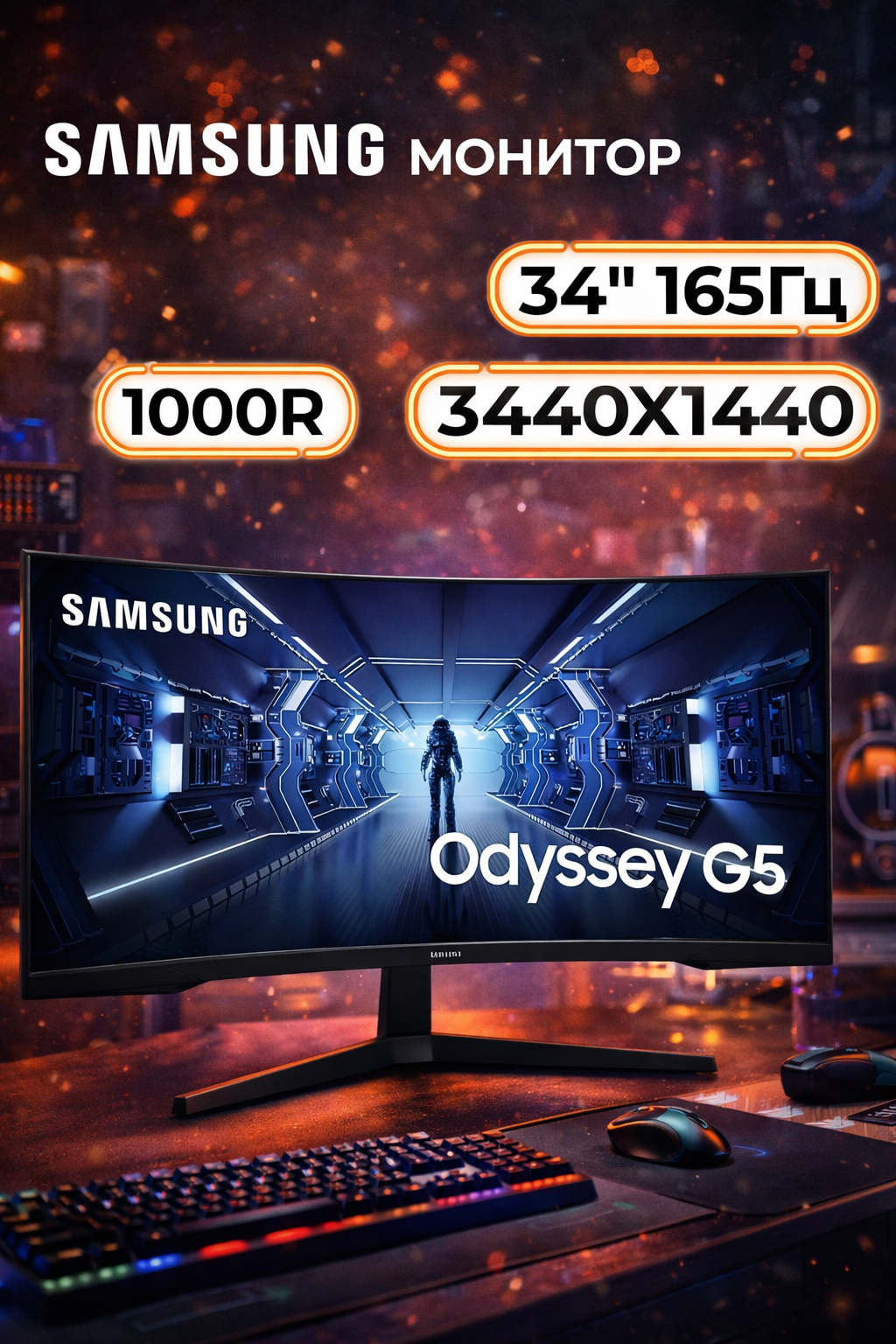 Монитор игровой Samsung Odyssey G5 34"/VA/3440х1440/165Гц/1000R/черный (LC34G56TWWCXXF