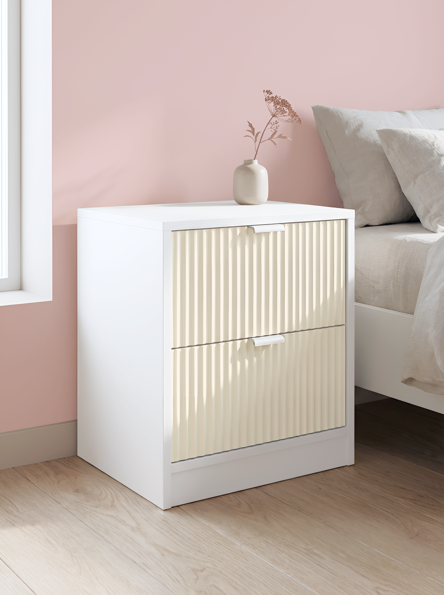Тумба прикроватная Волна-1, ЛДСП, МДФ, белая/жемчужно-белая, с ящиками, 44 см х 40 см х 47 см