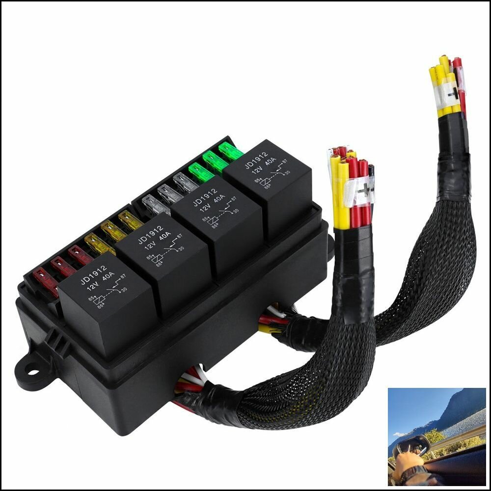 Предварительно собранный блок реле и предохранителей на 12 В с четырьмя 40амперными реле и двенадцатью плавкими вставками, надежный комплект для автомобиля