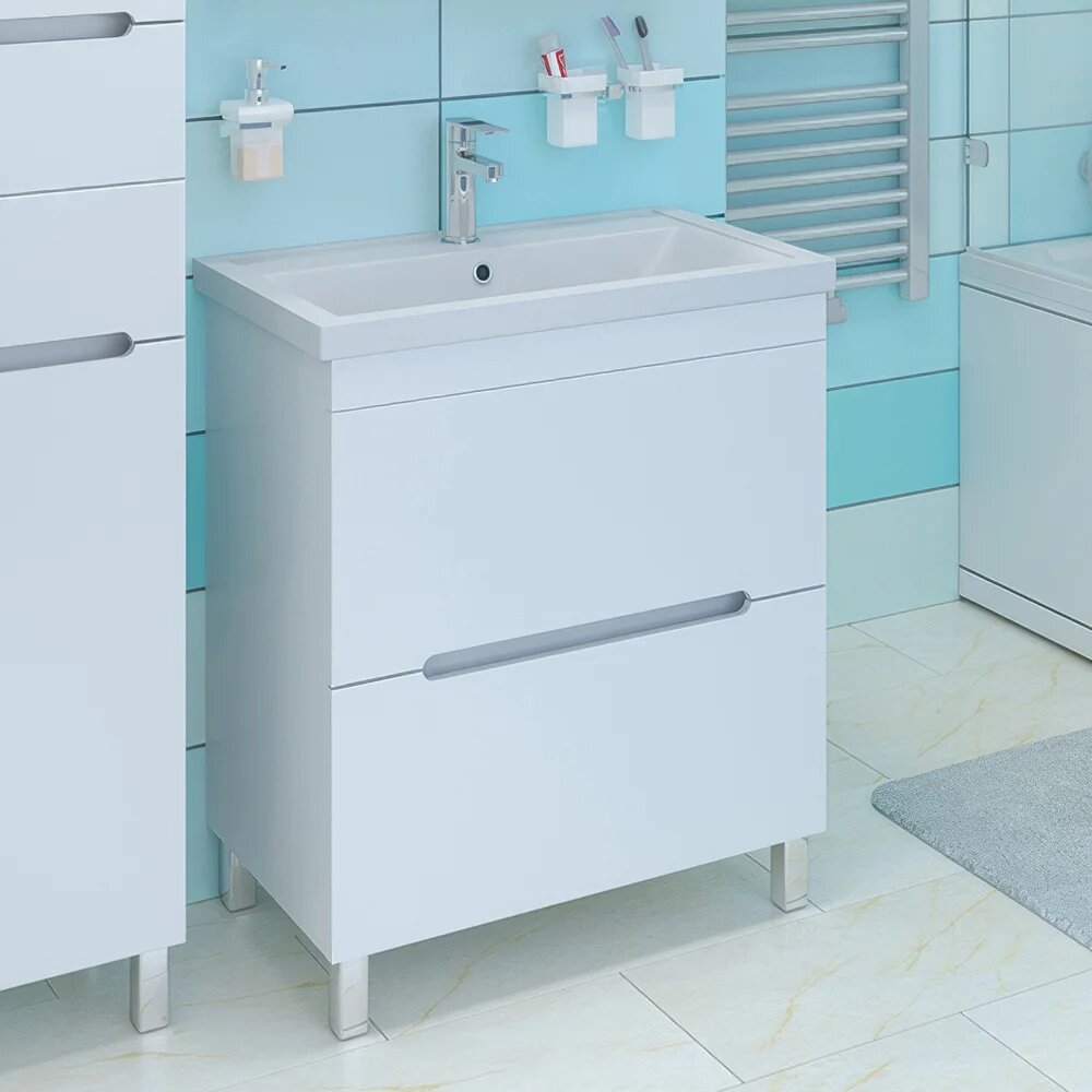 Тумба под раковину без столешницы Emmy Вита 60 напольная, белая, матовая, из МДФ, тумба для ванной, с ящиками, с доводчиками