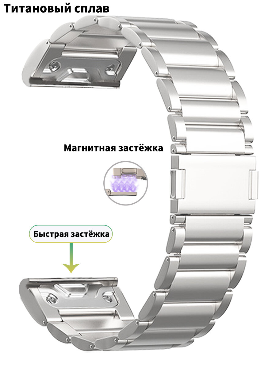 Металлический ремешок из титана 22 мм 26 мм с магнитной застёжкой и системой быстрой замены (Quick Fit) для Garmin , Fenix 8, Quatix 8, Forerunner , Instinct 3, Descent G2, Tactix 8, Enduro 3