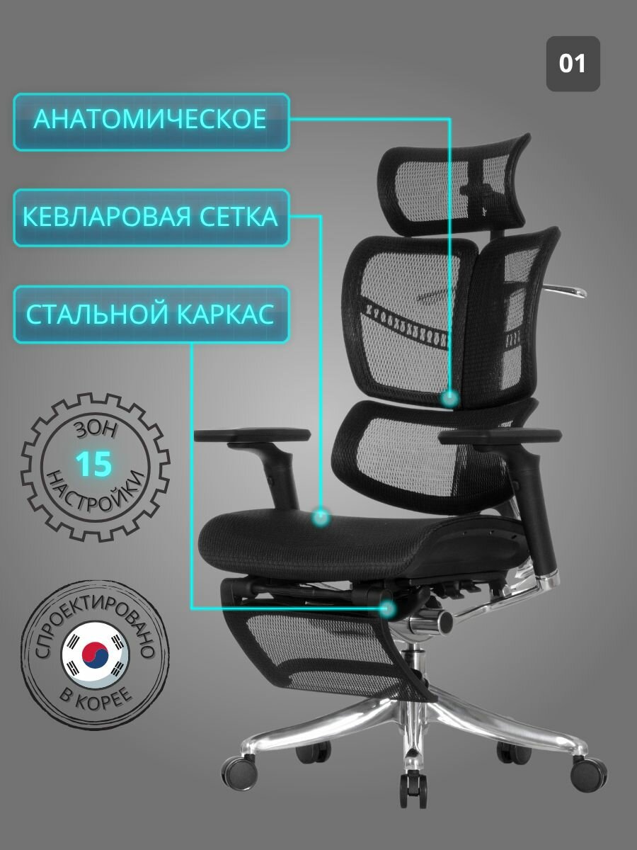 Эргономичное офисное кресло с подножкой и 5D подголовником FALTO Fly 2 - черное (каркас черный), арт. RFYM01-BK-5D-6D-NEW