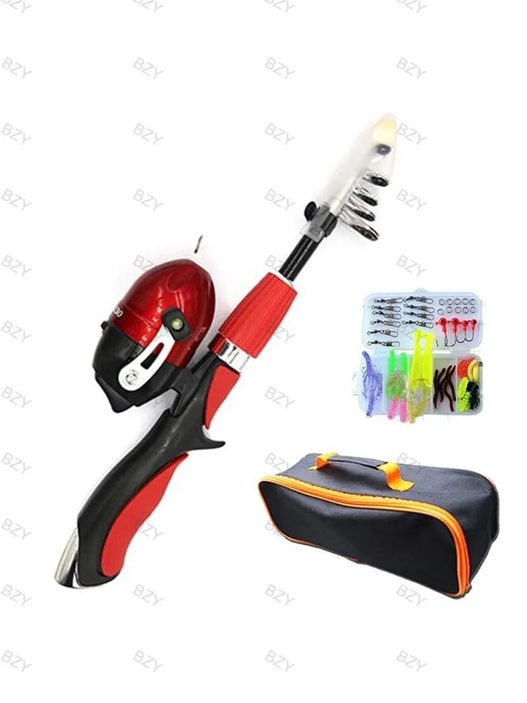 Удочка для рыбалки детская настоящая, телескопическая, пластиковая, с катушкодержателем, красная, легкий класс