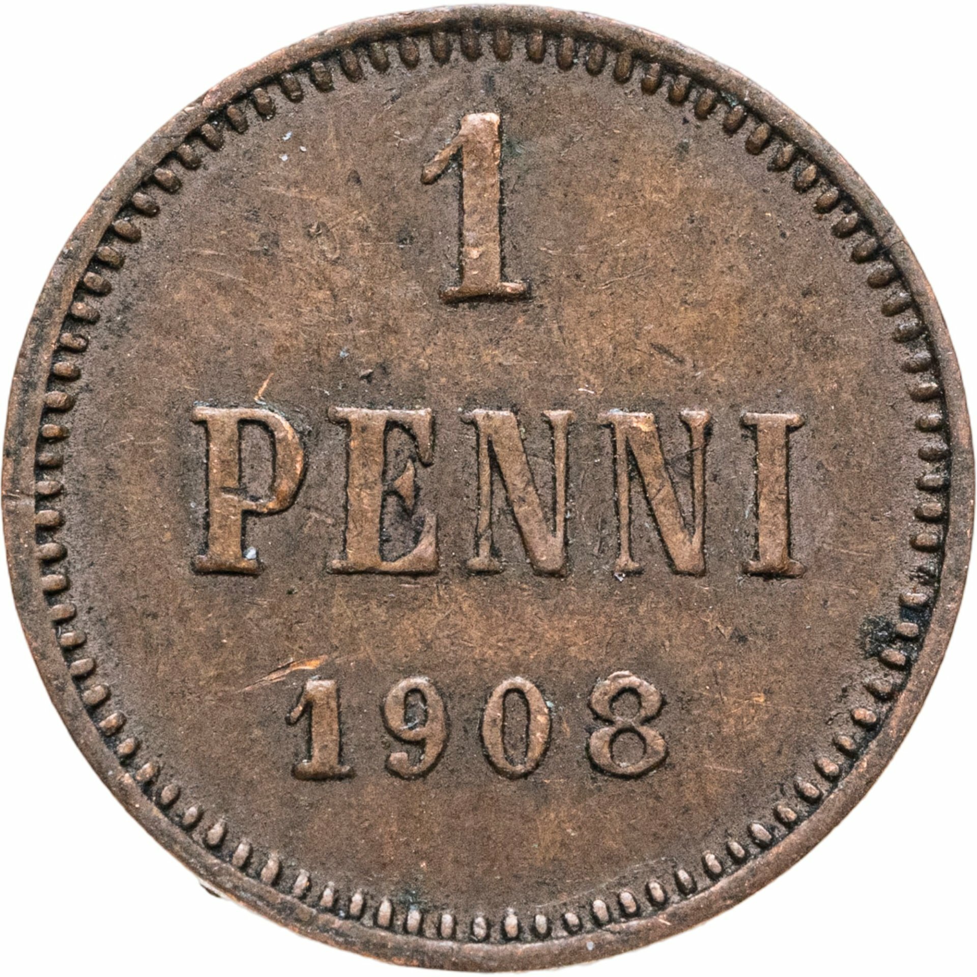 1 пенни penni 1908, монета для Финляндии, Медь, в сохранности XF