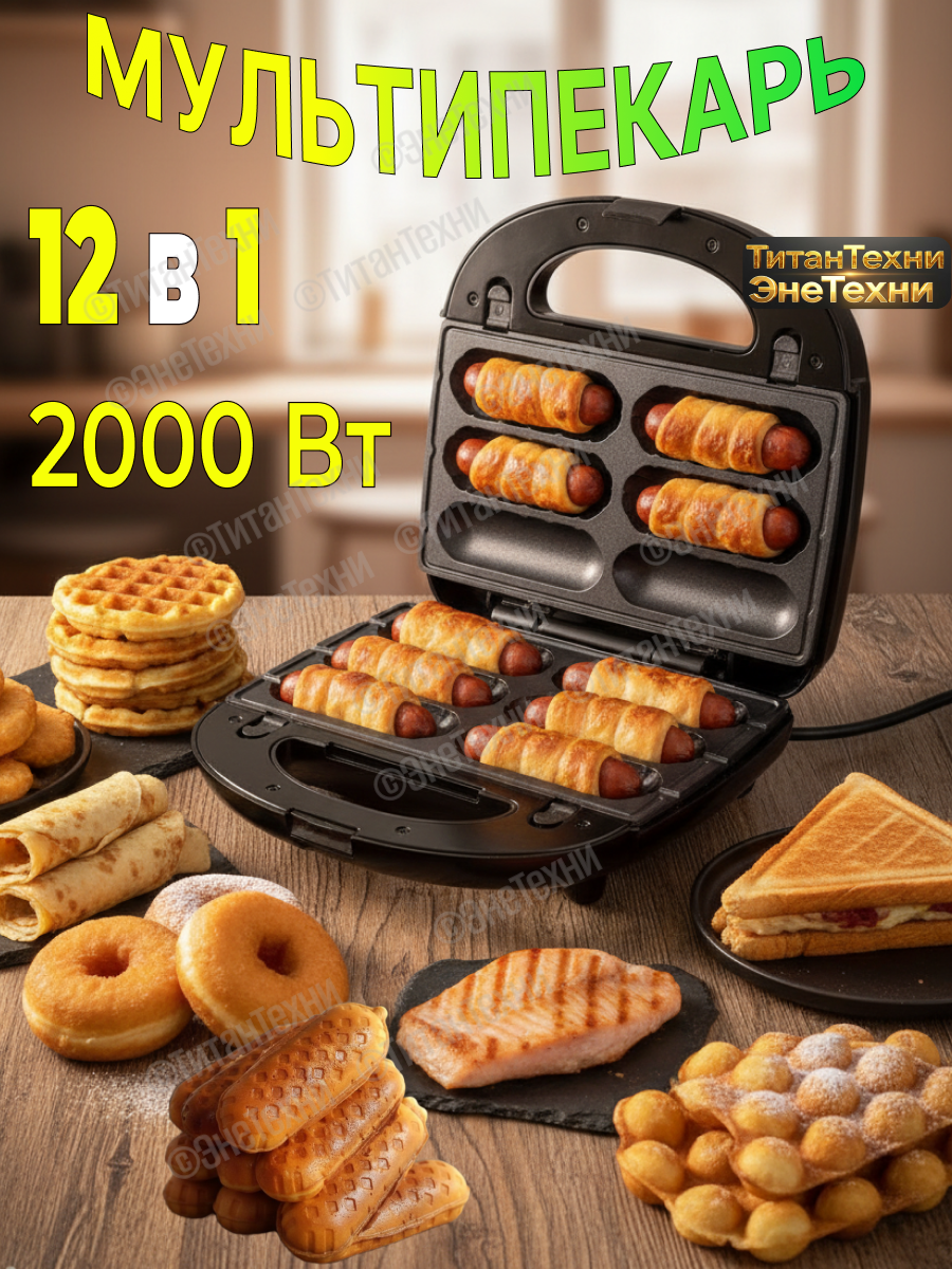 Мультипекарь 12-в-1, 2000 Вт, 12 панелей для вафель, пончиков, гриля, сэндвичей, орешница, тарталетница